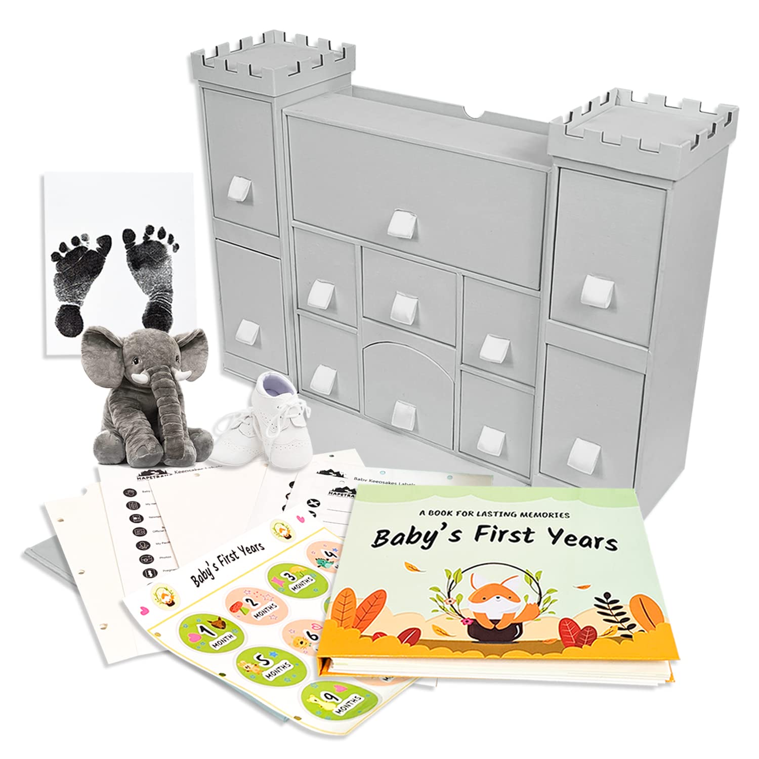 Baby Keepsake Box Castle for Boy or Girl with Multiple Baby Keepsake Storage Organizer Drawers, with Baby Memory Book Keepsake Album for Photo Scrapbook and Milestones, First Year+, Keepsakes Label