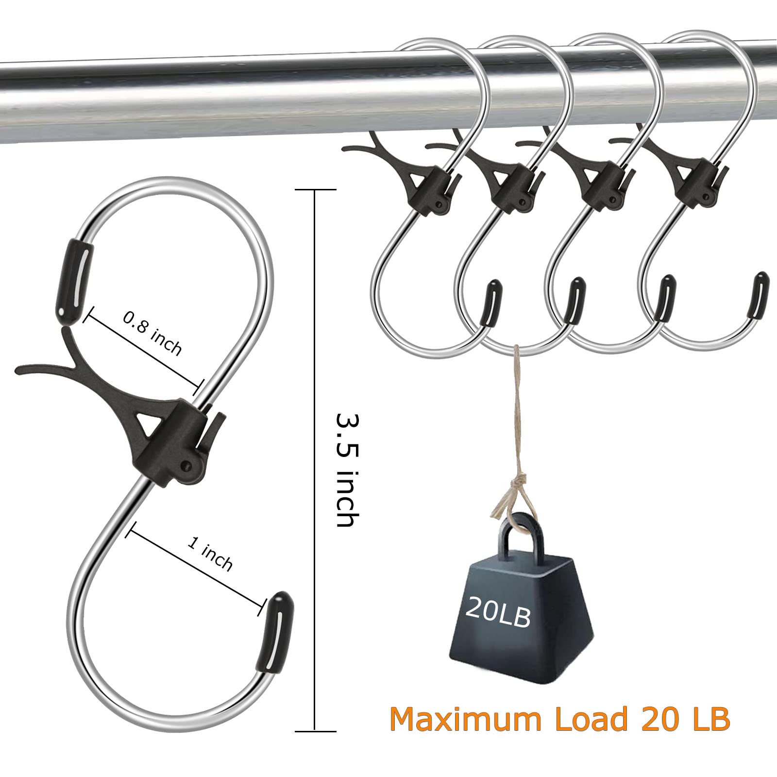 Waitkey 8 Pcs S Hooks for Hanging with Anti-Fall Design, 3.5 inch Anti Drop Heavy Duty S Shaped Hook Kitchen Pot Rack Hooks Closet Hooks for Kitchenware Clothes Bags Towels Plants (Black)