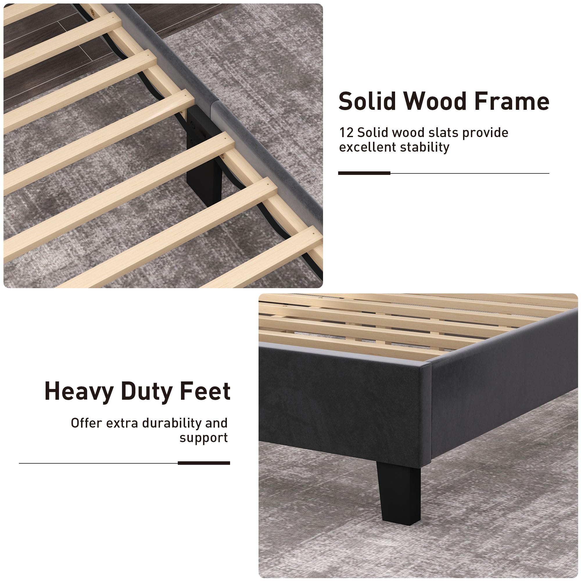 Bonzy Home Queen Bed Frame with Headboard, Modern Queen Size Platform Bed Frame, No Box Spring Needed, Easy Assembly, Grey
