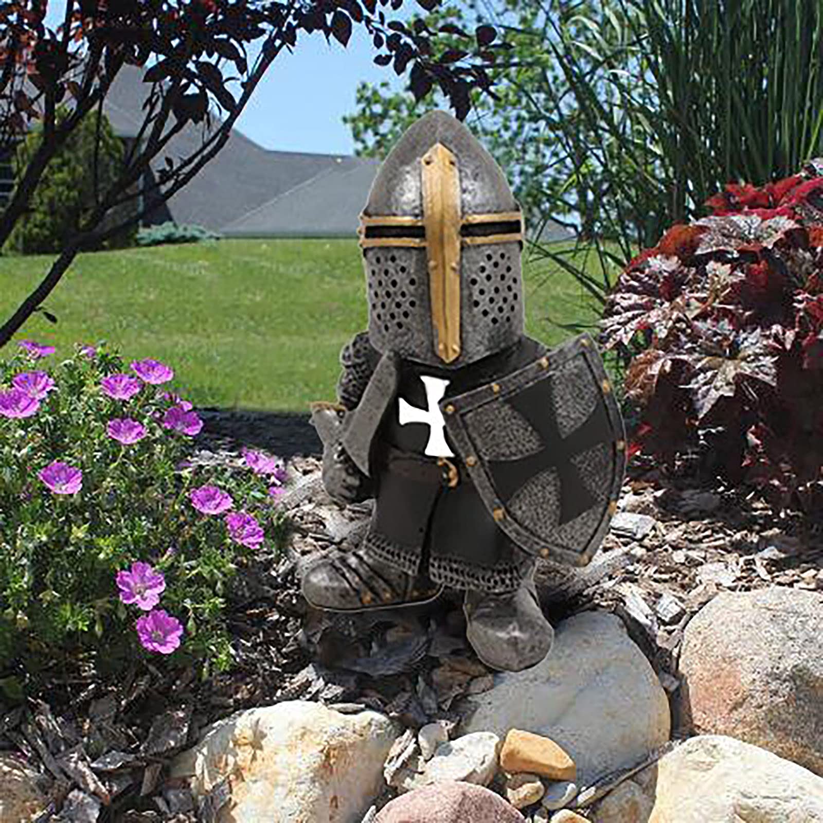 Garden Knight Dwarf Statue, Armor Knight Gnomes Cross Templar Guard Sculptures Art Figurines for Garden in/Outdoor Home Lawn Yard Patio Decor, Funny (C, 1PC)