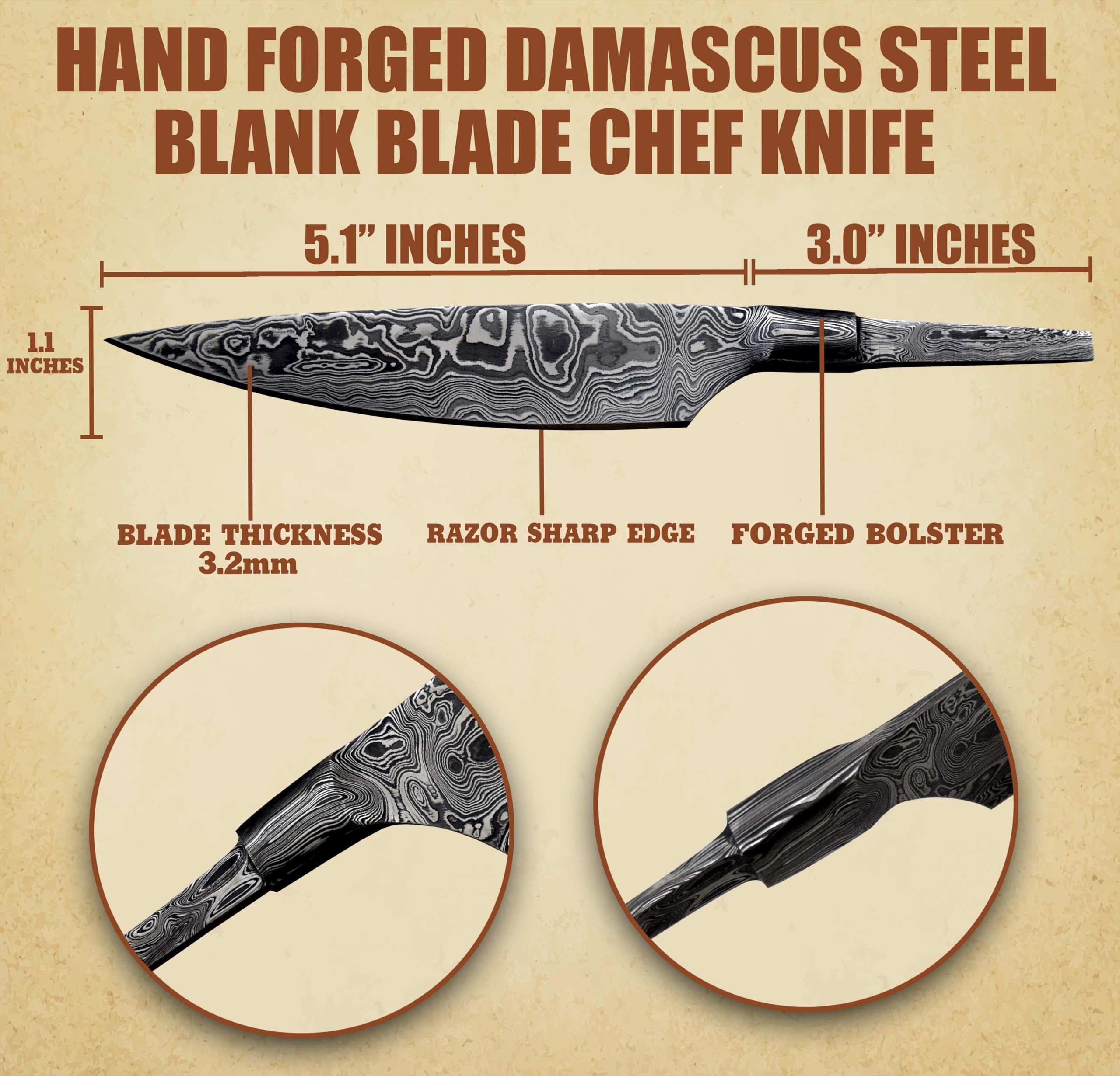 Custom Hand Forged Damascus Steel Blank Blade Chef Knife - Kitchen Knife Forged Bolster Damascus Billet Bar Handmade Knife Making Supply | Hercules Knives