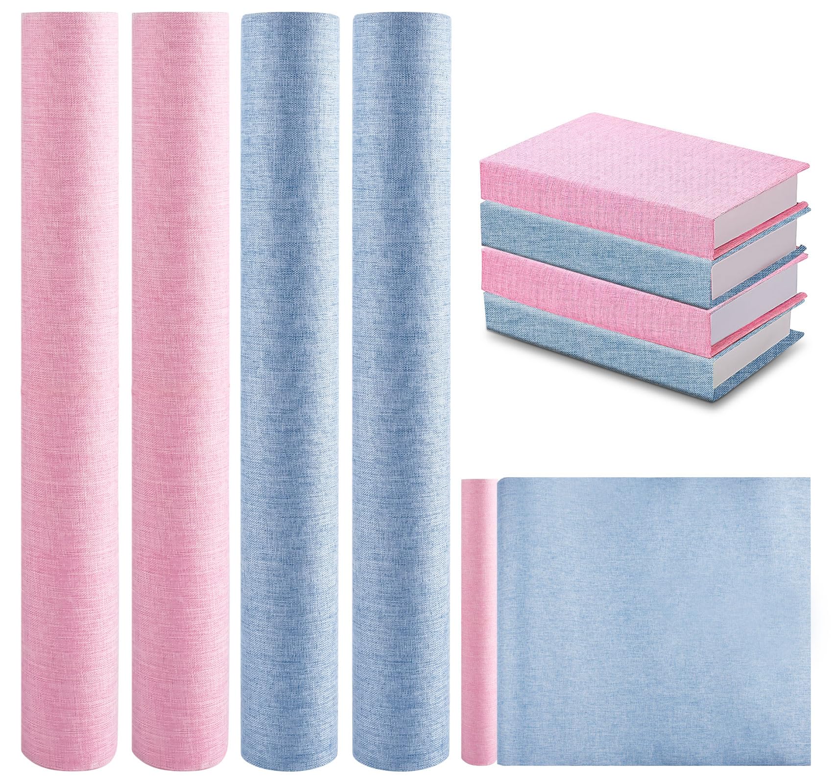 Boocalny 4 Rolls Book Cloth for Book Binding, 40 x 16 in Fabric Surface Paper Backed Book Cover, Weave Book 2 Colors Bookbinding Cloth for Adult DIY Book Scrapbooking, Album Cover ïŒPink and BlueïŒ