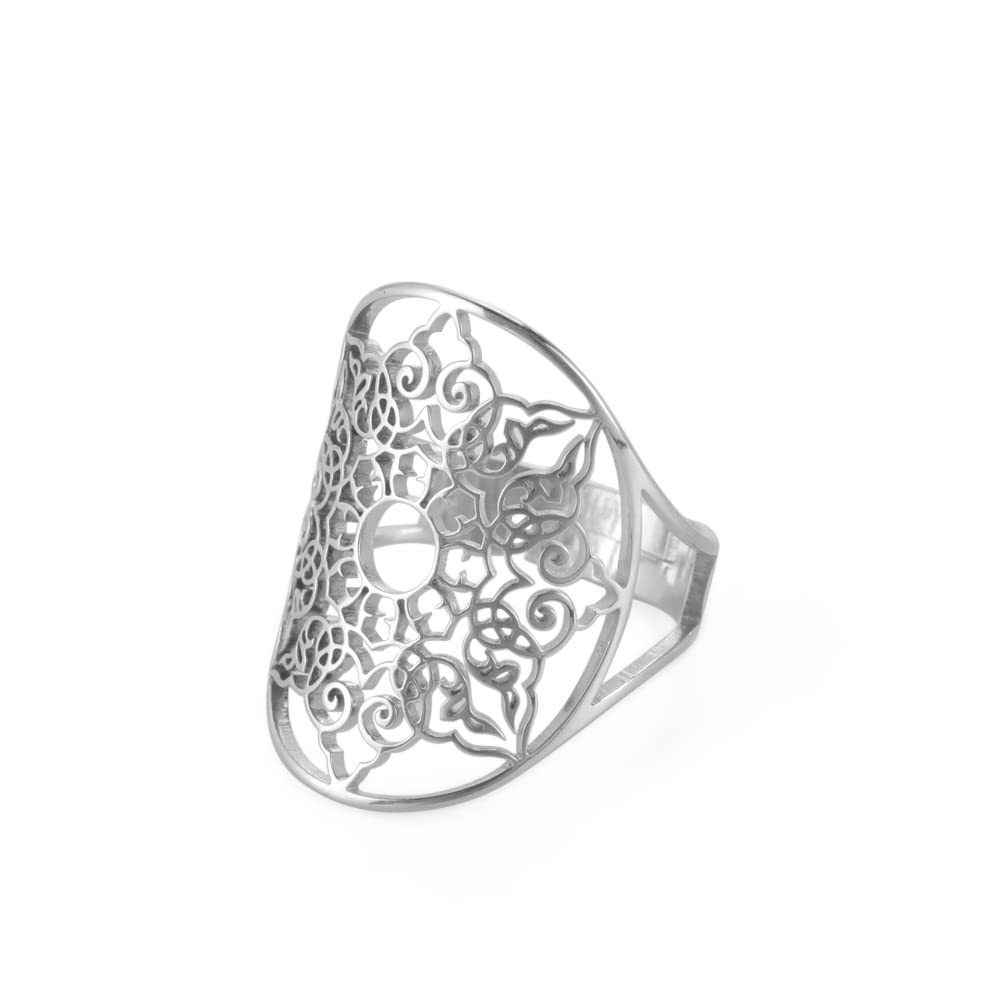 Amaxer Snowflake Ring Geometric Filigree Flower Ring for Women Adjustable Stainless Steel Vintage Finger Rings (Silver)
