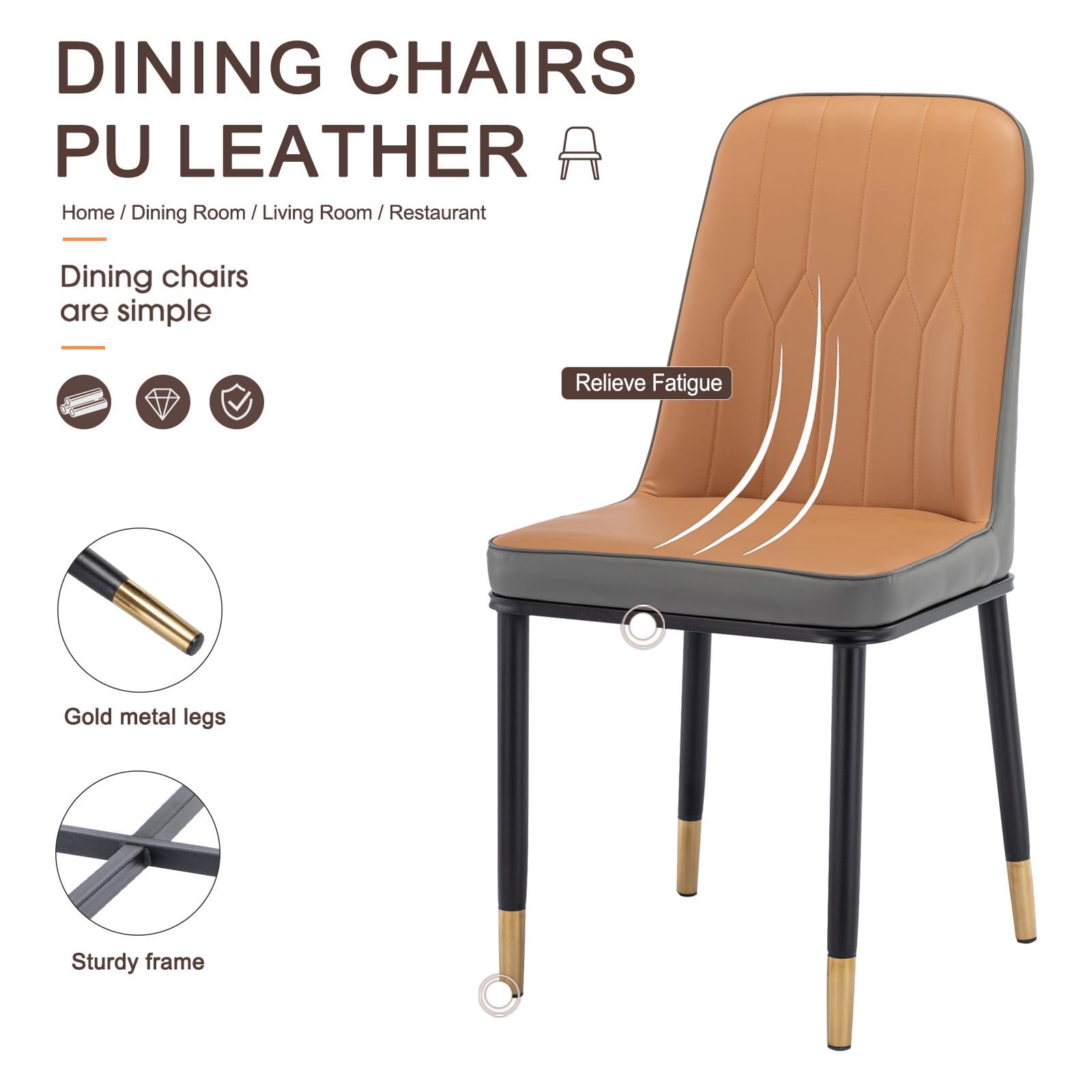 Aimerive Dining Chairs Set of 4, Upholstered Dining Room Chairs with Iron Gold Legs, Modern Armless Kitchen Chair Waterproof PU, Side Chairs with Soft Cushion for Living Room, Restaurant, Brown Grey