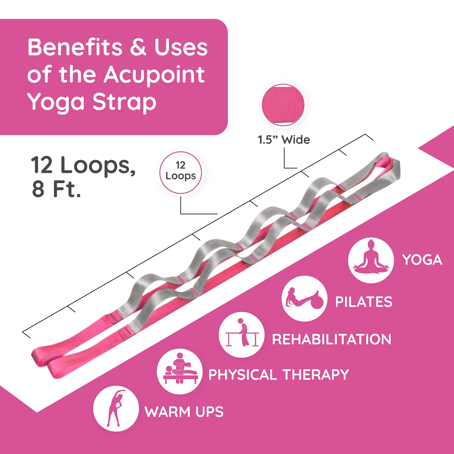 Acupoint Yoga Stretching Strap with Loops - 12- Loop Exercise Strap for Physical Therapy, Flexibility, Pilates, Dance, Gymnastics, Recovery, Workout - Non-Elastic Premium Nylon Stretch Band (Pink)