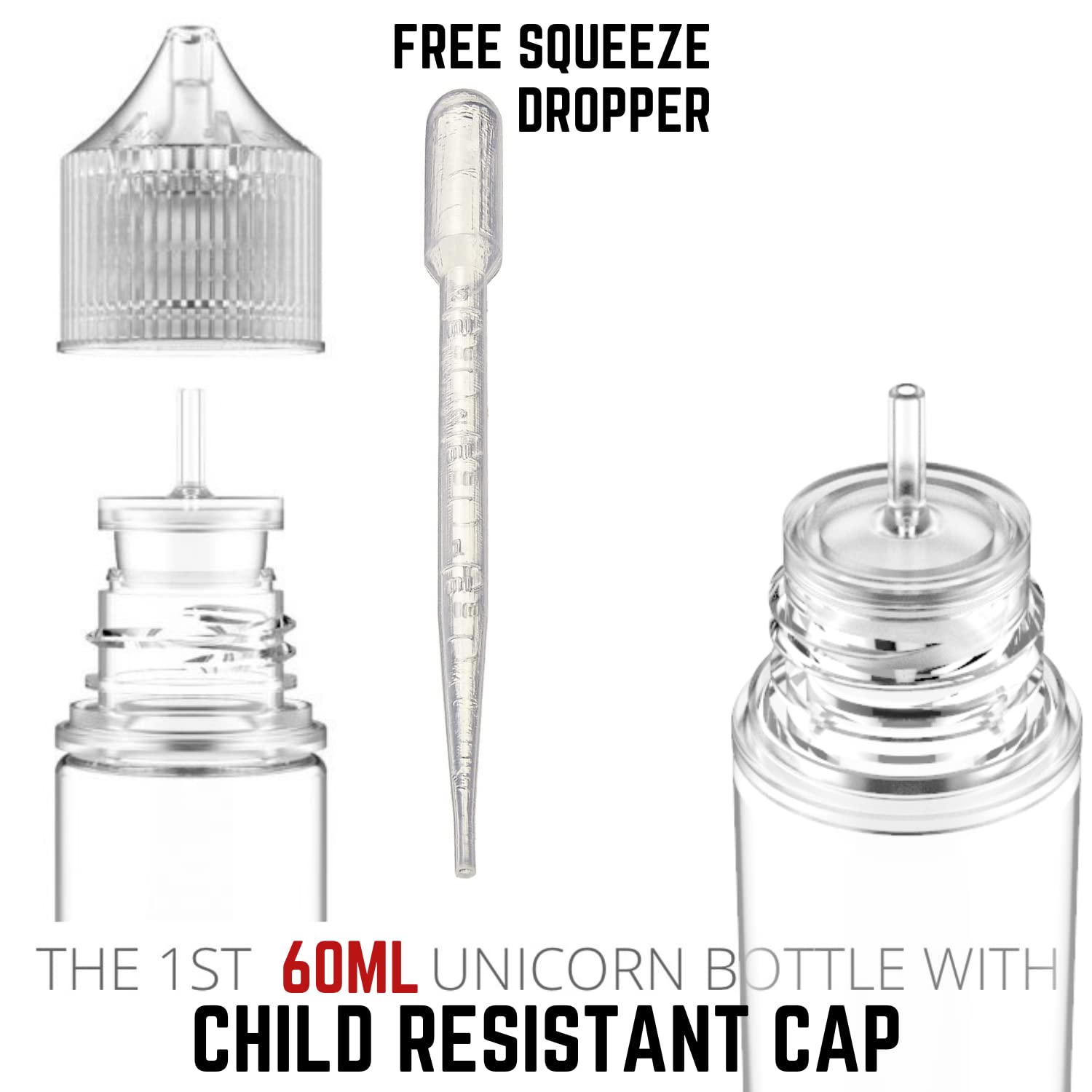 Chubby Gorilla 60ml V-3 Clear PET Plastic Unicorn Squeeze Bottle (10 Pack) Dropper bottle REUSABLE, Child Resistant Cap, Easy Drip Tip Applicator Dropper Bottles with Squeeze Dropper