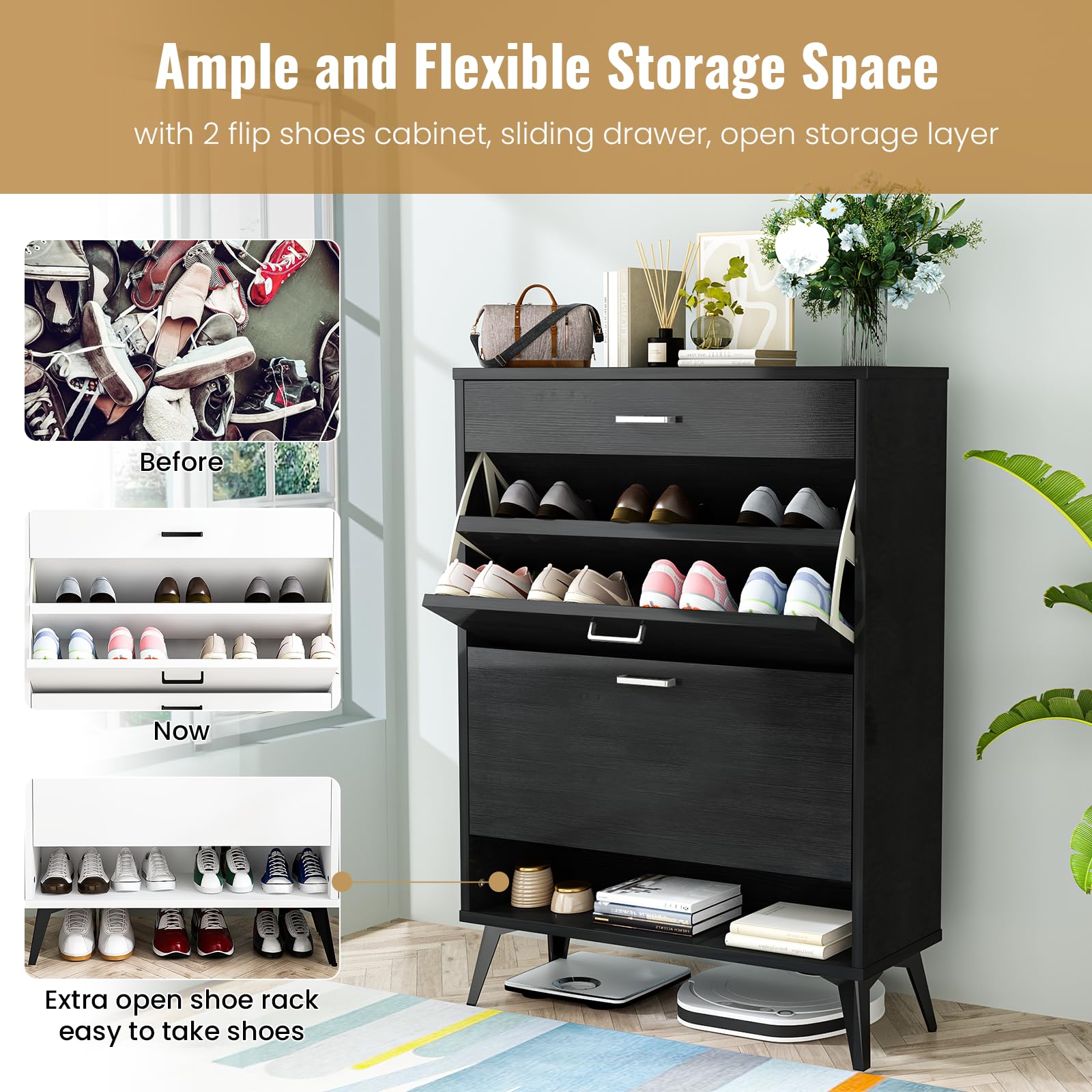 AWQM Shoe Storage Cabinet for Entryway, Free Standing Shoe Organizer with 2 Flip Drawers,Hidden Shoe Rack Storage Organizer for Doorway Hallway Closet, Black