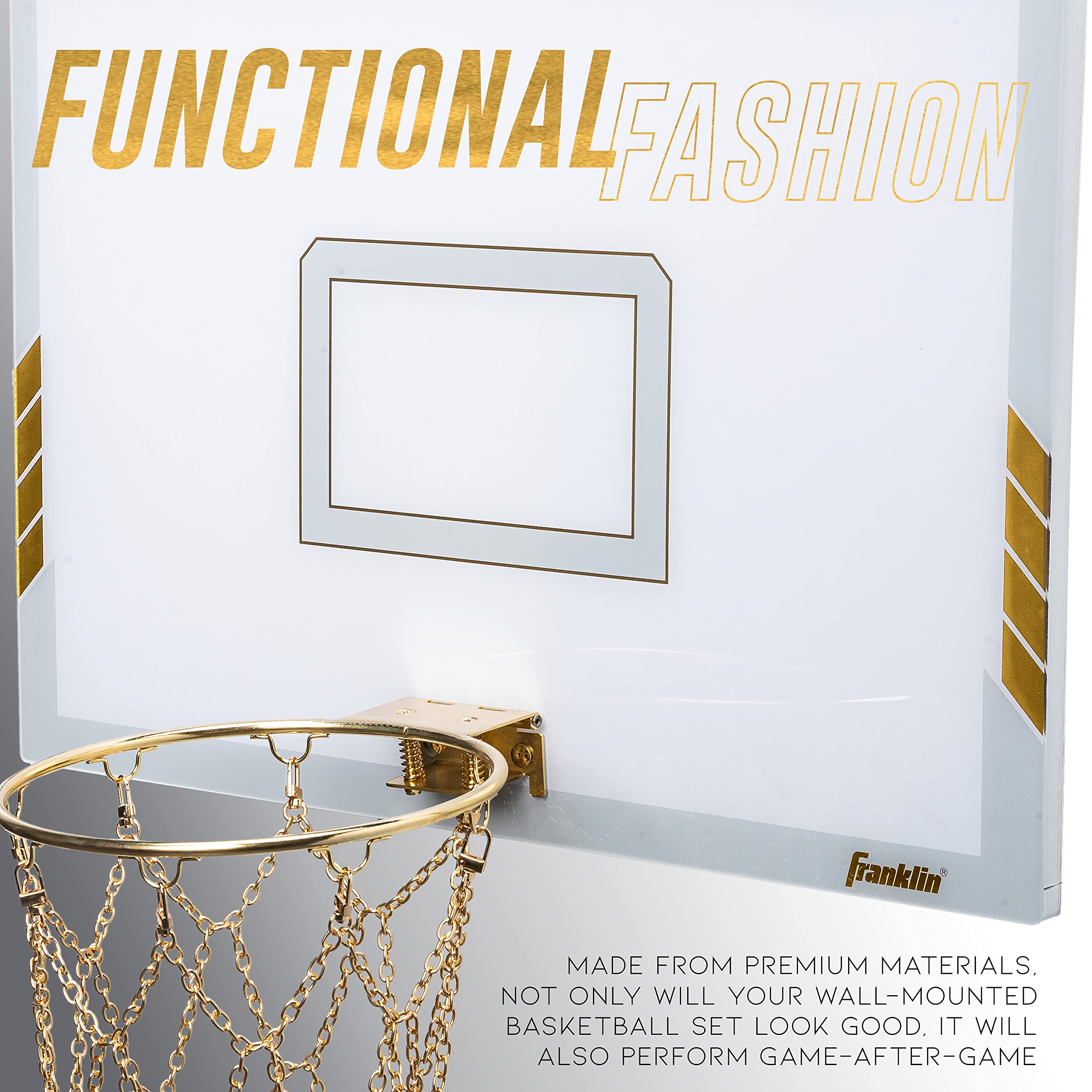Franklin Sports Mini Basketball Hoop - Premium Gold Chrome Wall Mounted Backboard Mini Hoop with Rim + Net - Ball Included - Perfect Bedroom Accessory