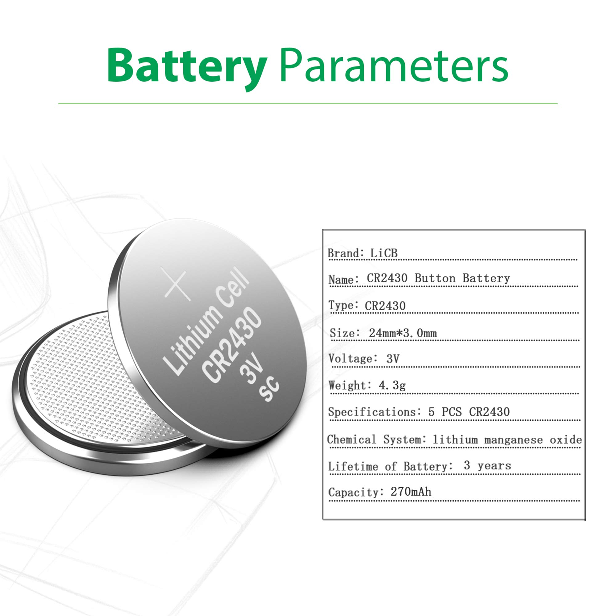 LiCB 5 Pack CR2430 Batteries 3V High Capacity and Long-Lasting CR 2430 Superior Safety Battery