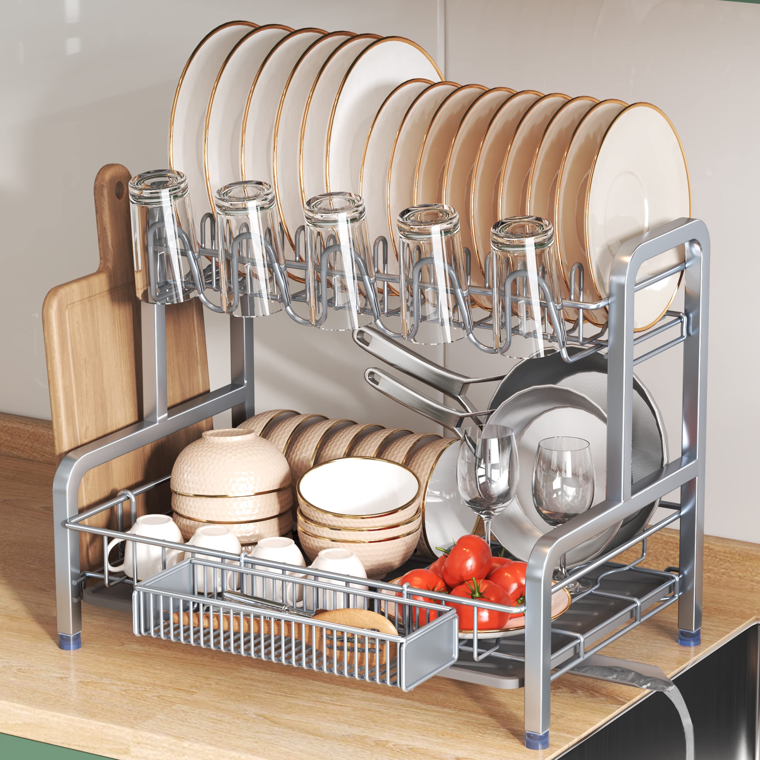 BOOSINY 2 Tier Dish Drying Rack and Drainboard Set, Large Stainless Steel Dish Drainers for Kitchen Counter, Dish Strainer Shelf with Cup-Holder (Grey)