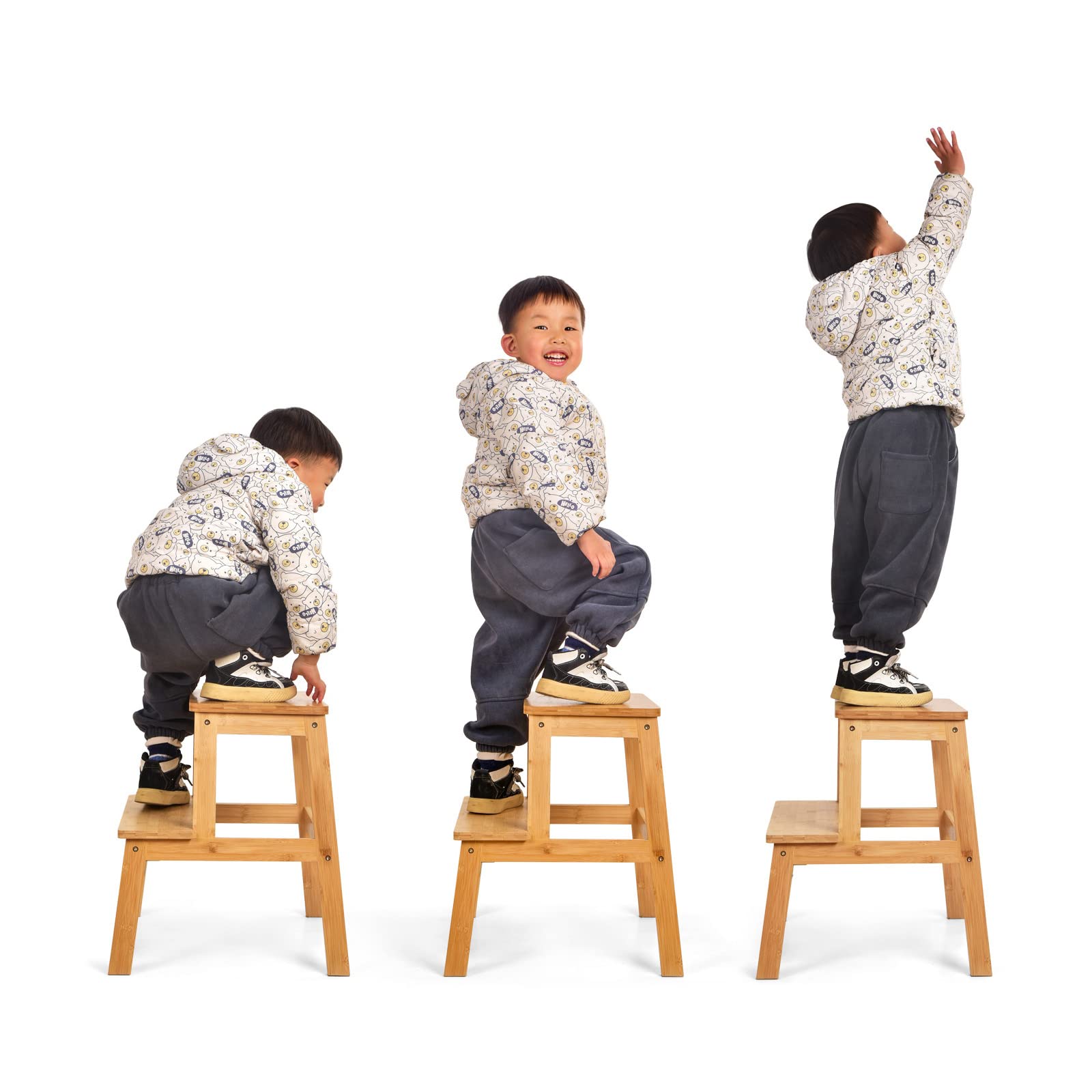 Bamboo Step Stool for Adults Kids,Solid Bamboo Bed Step Stool, Multi-Purpose 2-Step Stool for Kitchen, Bed,Bedroom Bathroom Potty Training with 300lb (Basic Model)