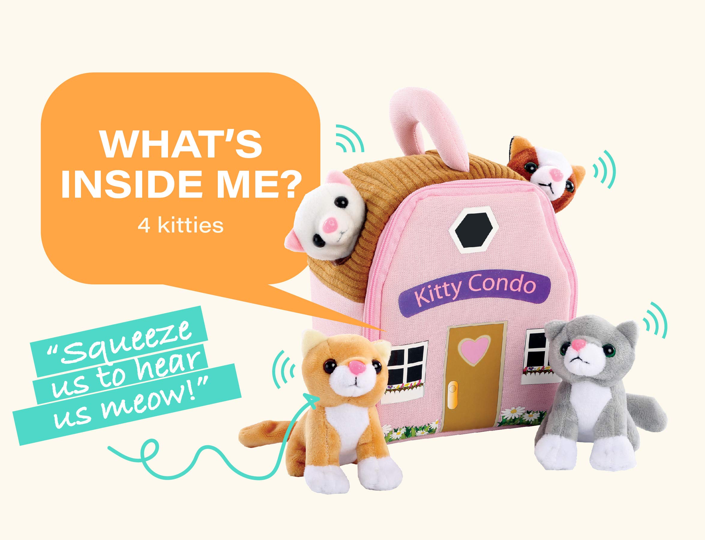 Etna Meowing Cat Condo Toy Playset with Sounds, 5 Piece Small Stuffed Cats and Kittens