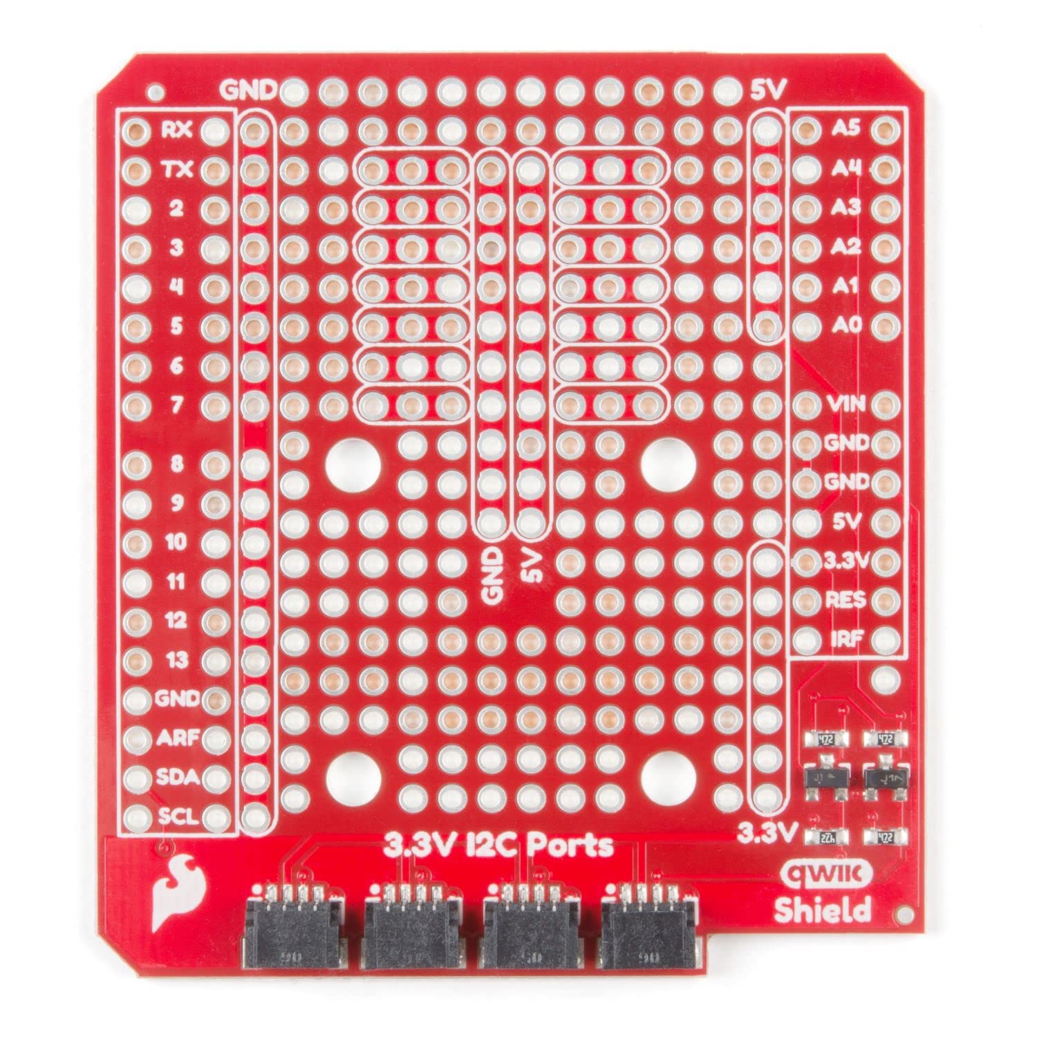 SparkFun Qwiic Shield Compatible with Arduino-Simple to incorporate Qwiic connect system w/ R3 footprint system I2C 4 mounting ports 3-by-1 power rails & ground buses Converts 5V-3.3V Soldering Needed