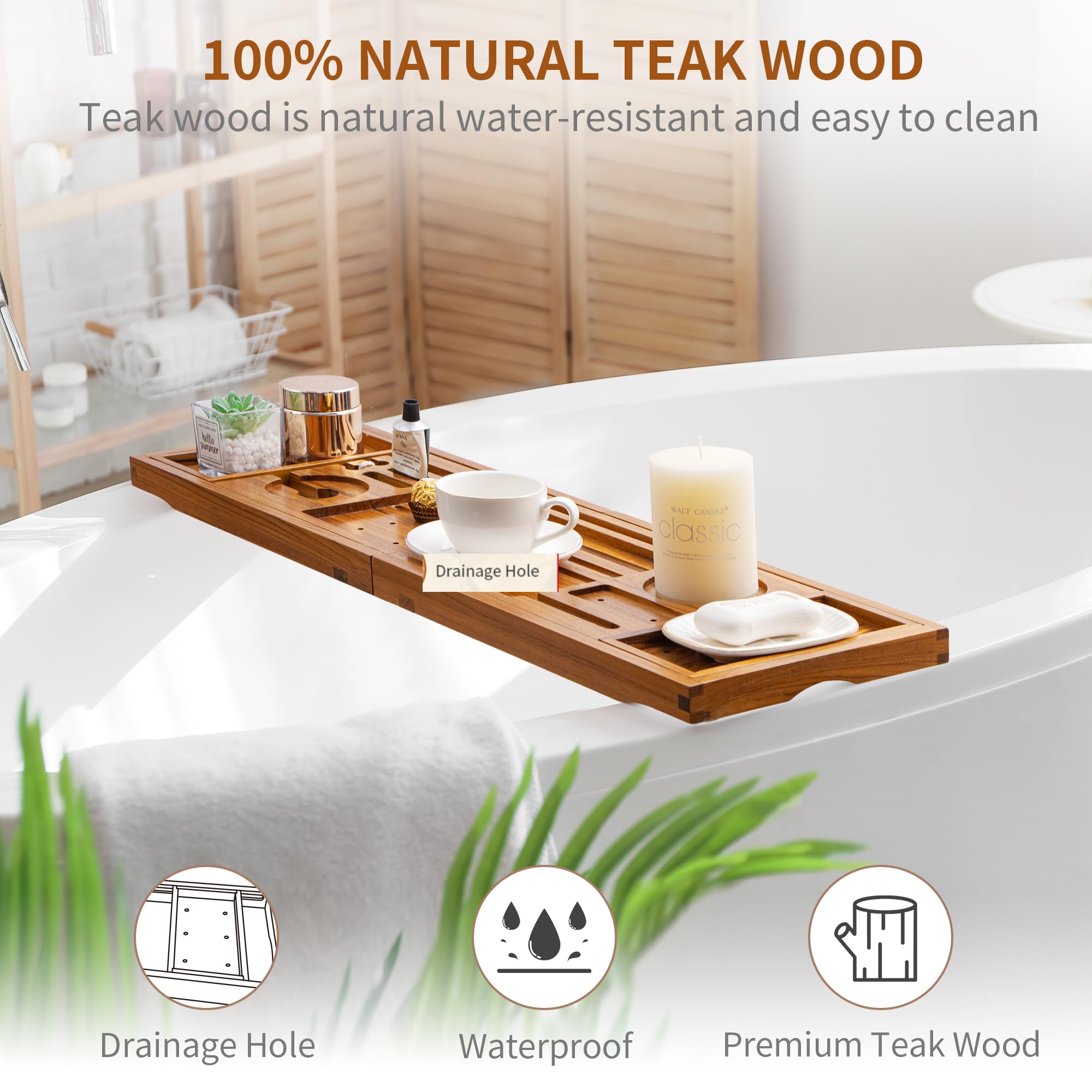 Axeman Teak Bathtub Tray - Bathtub Caddy for Luxury Bath Foldable Bath Tray Bath Tub Accessories with Expandable Handles Wine Glass Phone Holder Book Stand for Home Spa Relaxing and Reading,Natural