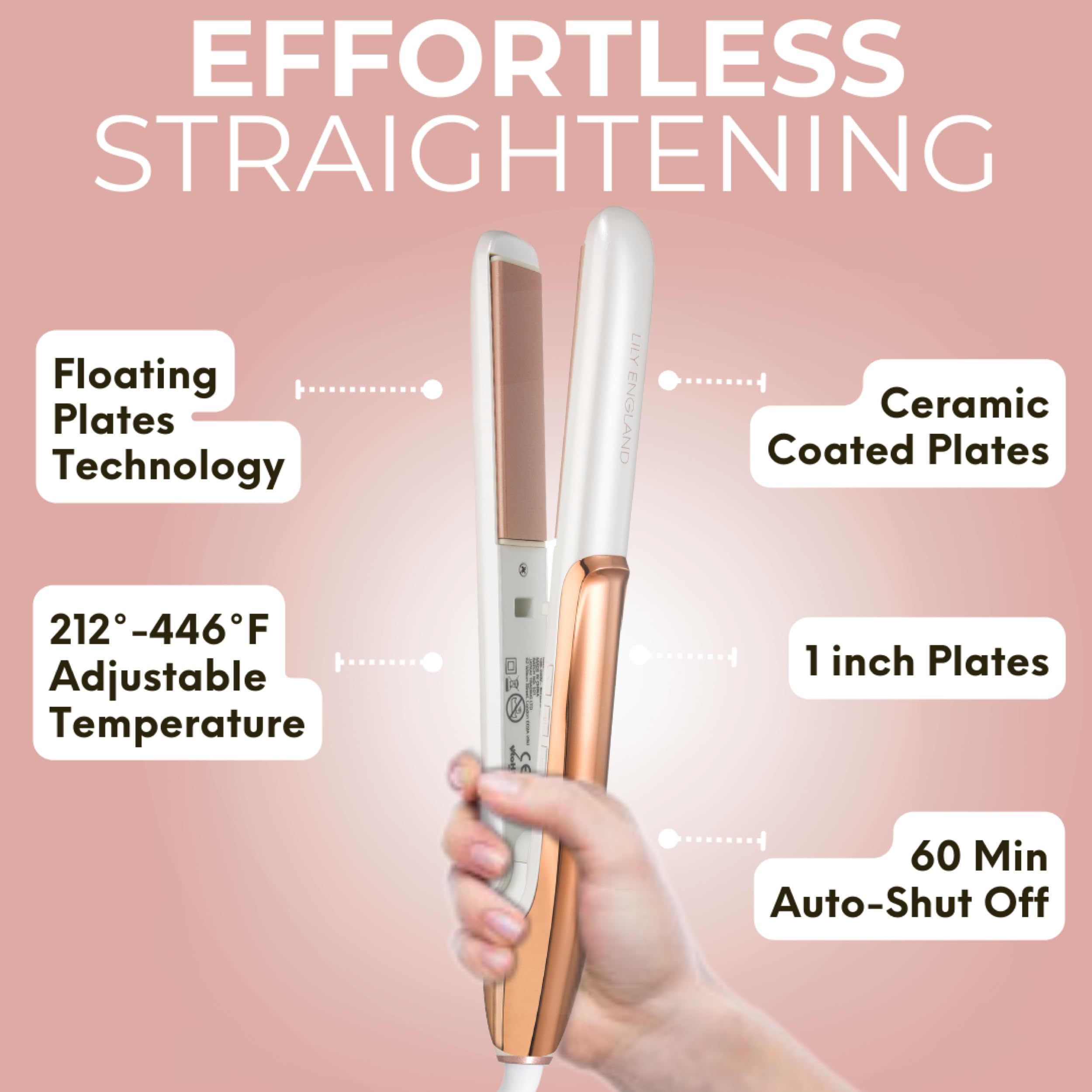 Lily England Hair Straightener and Curler, Adjustable Temperature, Dual Voltage 1 Inch Ceramic Rose Gold Flat Iron, Hair Straightener Curling Iron in One