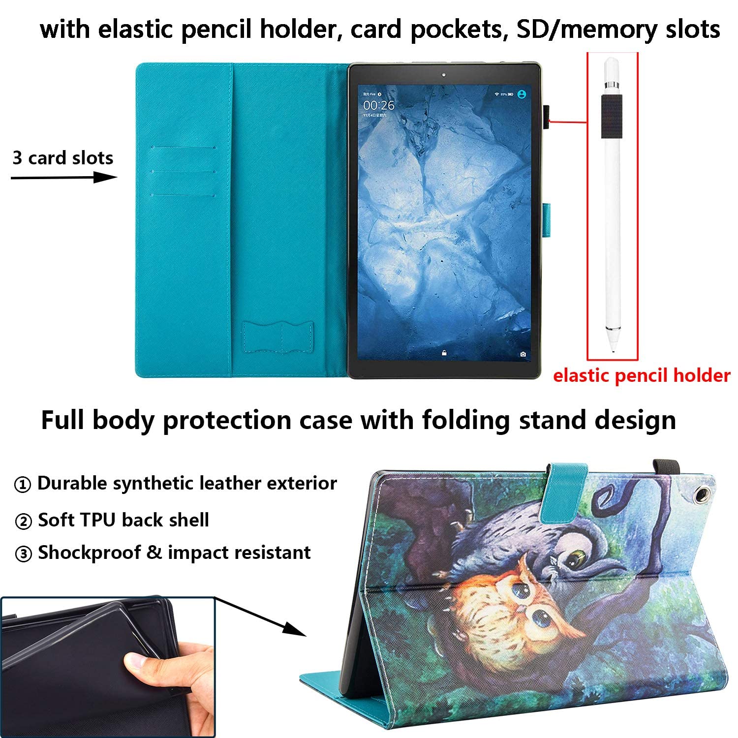 UUcovers for Kindle Fire HD 10 Case 9th/7th Generation (2019/2017) 10.1 inch with Stylus Pencil Holder/Card Slots/Folio Stand PU leather Magnetic Smart Wallet Cover [Auto Wake/Sleep], Oil Painting Owl