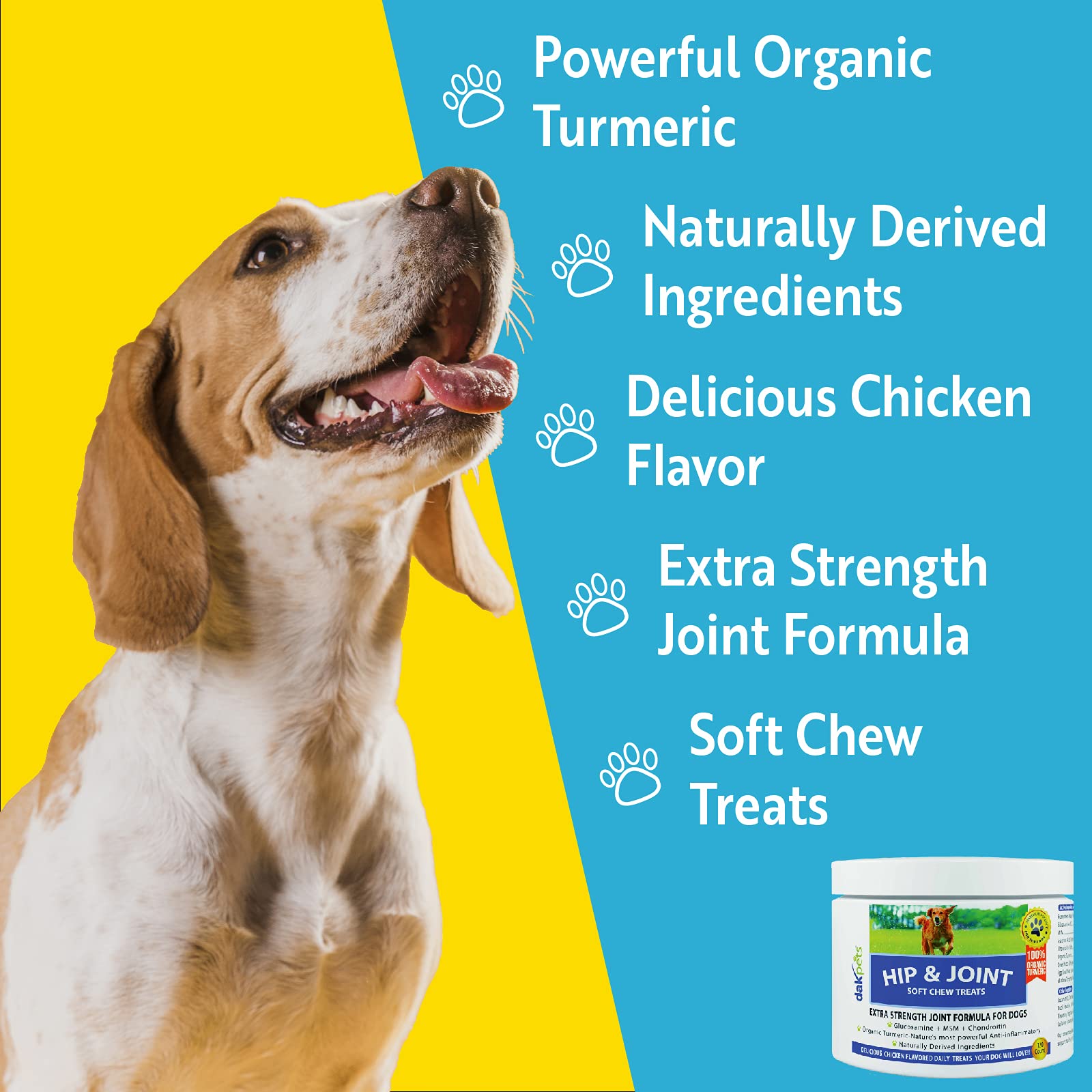 DakPets Glucosamine Chondroitin, MSM, Hip & Joint Supplement for Dogs, Organic Turmeric Soft Chews, Supports Healthy Joint Function and Helps with Pain Relief 120-Count