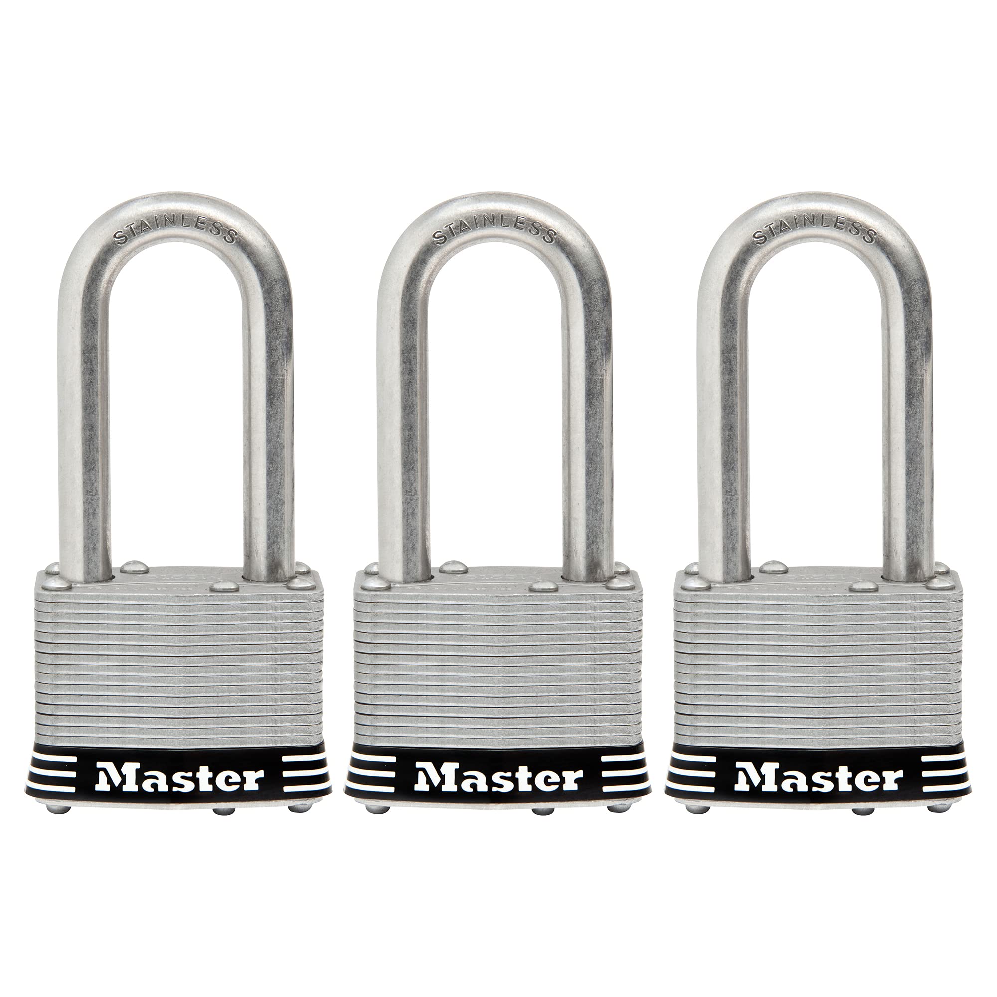 Master Lock 1SSTRILH Stainless Steel Outdoor Padlock with Key, 3 Pack Keyed-Alike, Silver