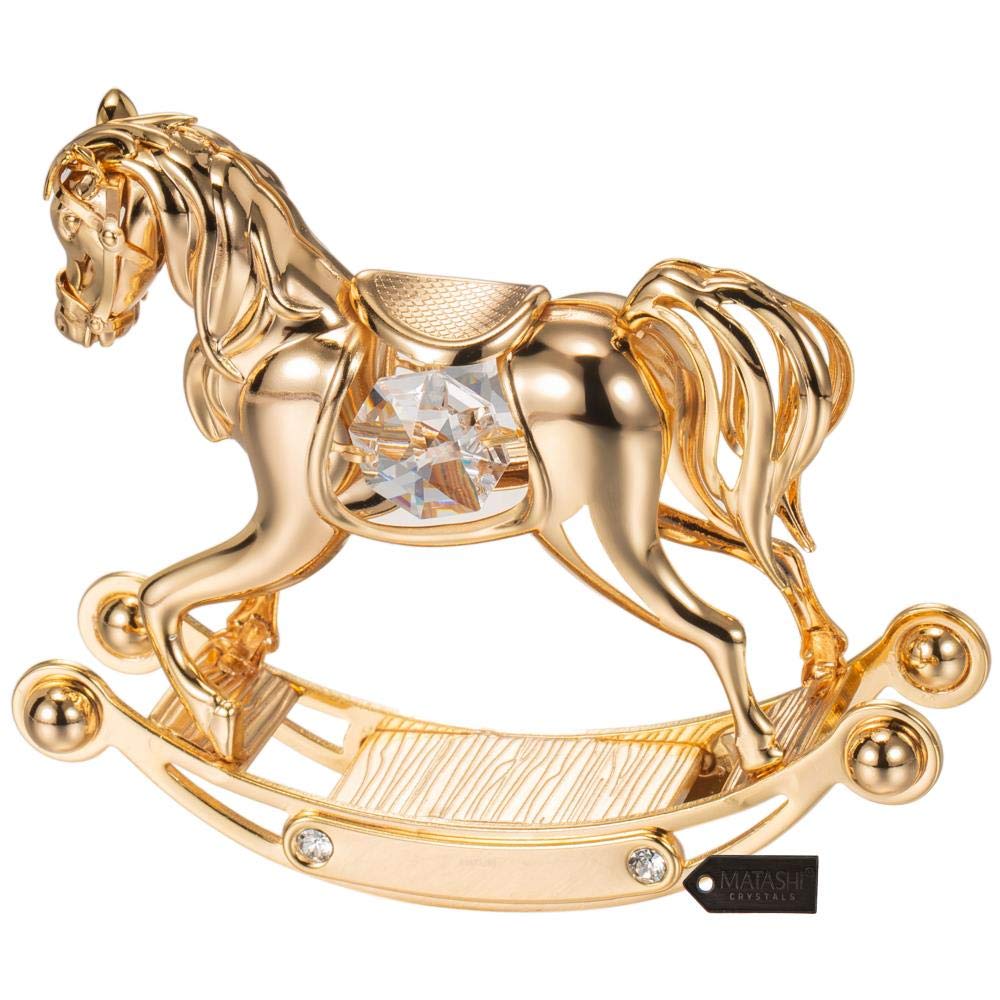 Matashi 24K Gold Plated Crystal Studded Rocking Horse Ornament Home Office Desk Decor Tabletop Decorative Showpeice Gift for Christmas Valentine's Day Mother's Day Birthday Gift for Mom Dad Girlfriend