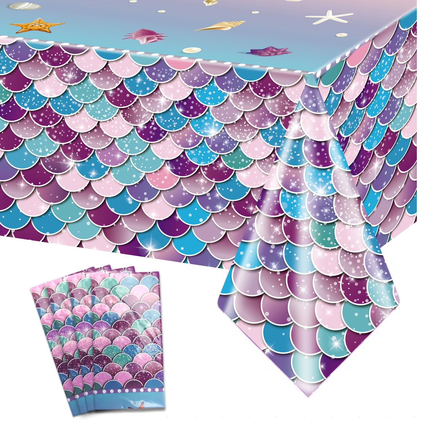 Ayearparty 4 Pieces Mermaid Party Tablecloth Under The sea Theme Birthday Party Table Decorations Disposable Plastic Table Cover for Girls Kids Baby Shower 54X108 inch