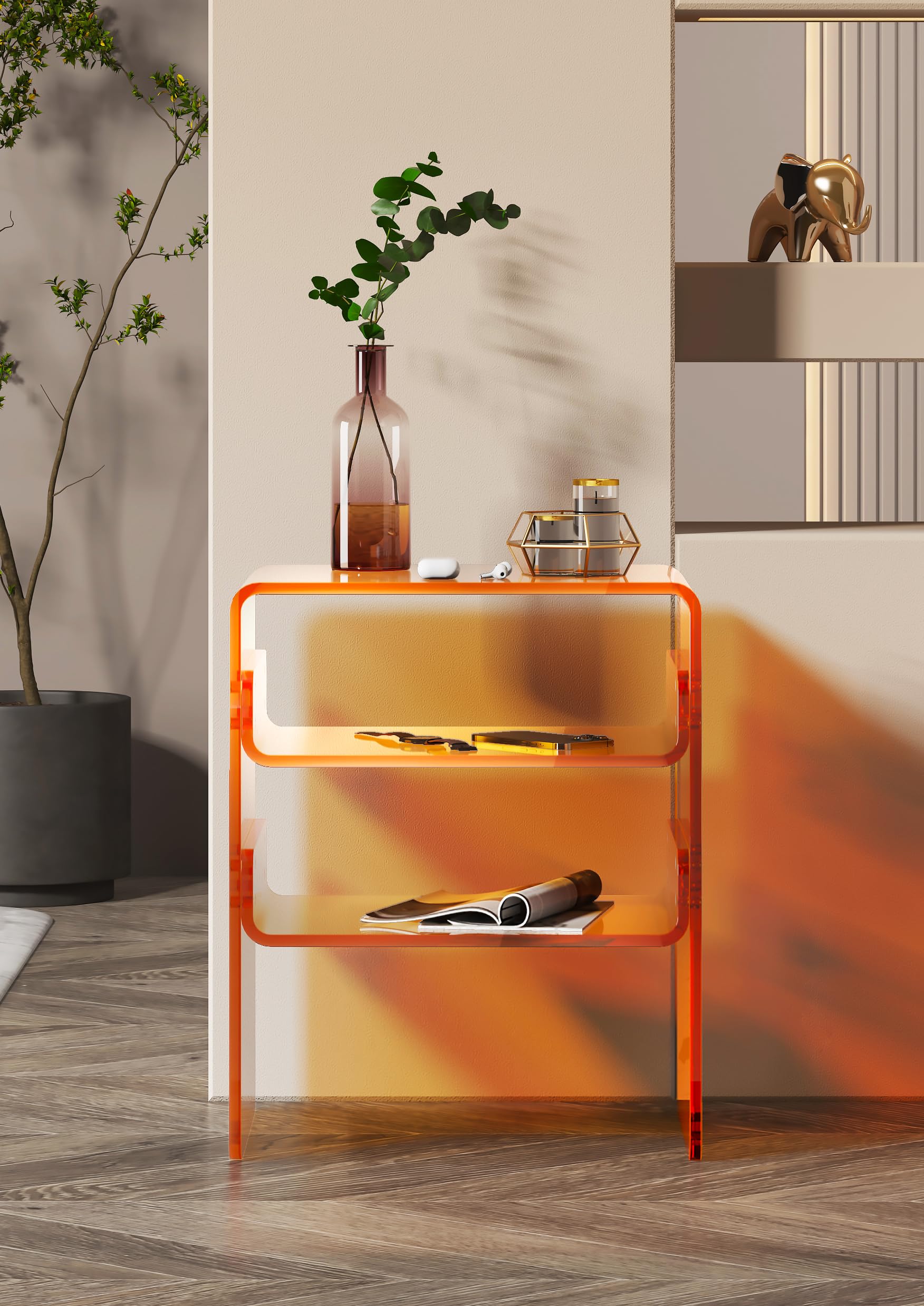 Clear Acrylic 3-Tier End Table/Nightstand β Sleek Bedside Storage with Durable Design, Perfect for Bedrooms, Living Rooms, or Modern Interiors β Ideal as a Bedside Table or Sofa Side Piece (Orange)