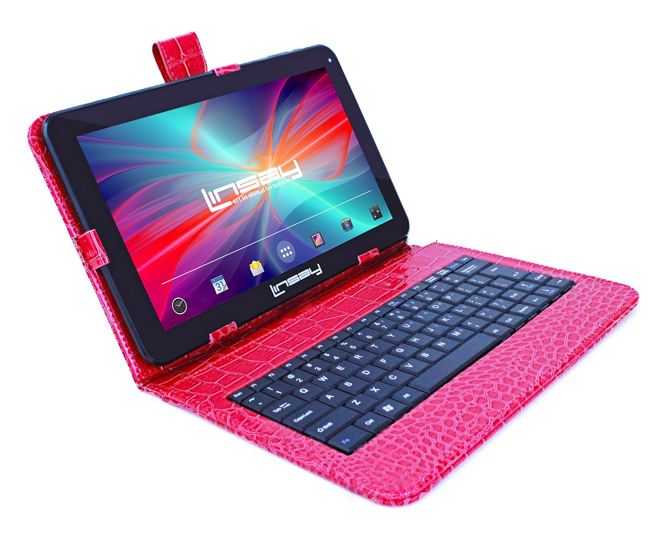 LINSAY 10.1" High End Octa Core 4GB RAM 128GB Storage Android 13 Google Certified Tablet with Red Crocodile Style Keyboard