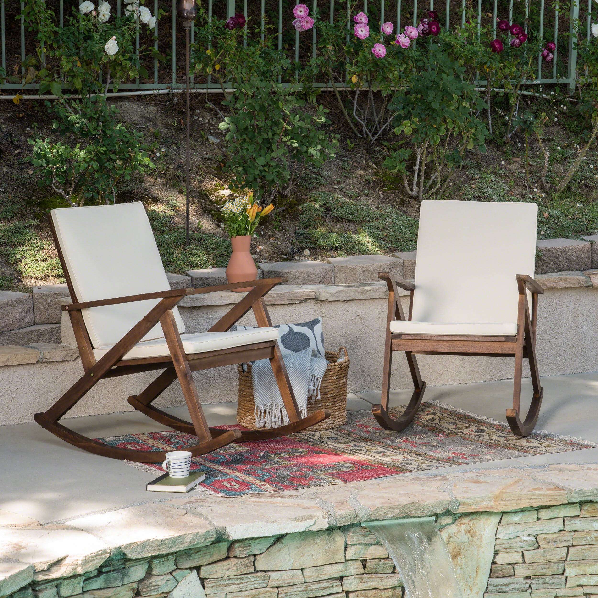 Christopher Knight Home 304347 Louise Outdoor Acacia Wood Rocking Chair (Set of 2), Dark Brown/Cream Cushion