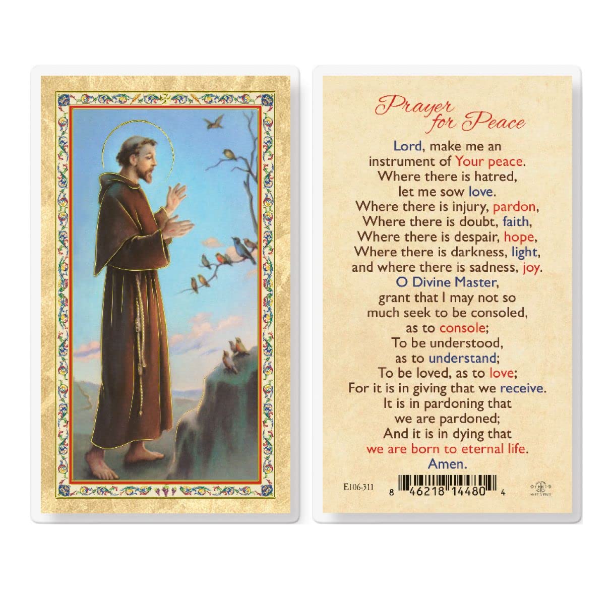 Prayer for Peace, St. Francis Gold Stamped Laminated Holy Cards, 25-Count Value Pack