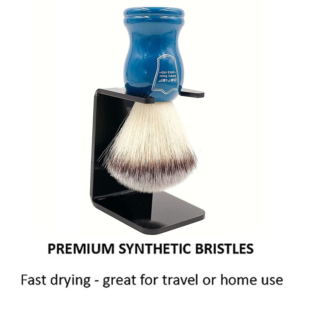 Parker Synthetic Bristle Wood Handle Shaving Brush – Brush Stand Included - Blue Wood Handle