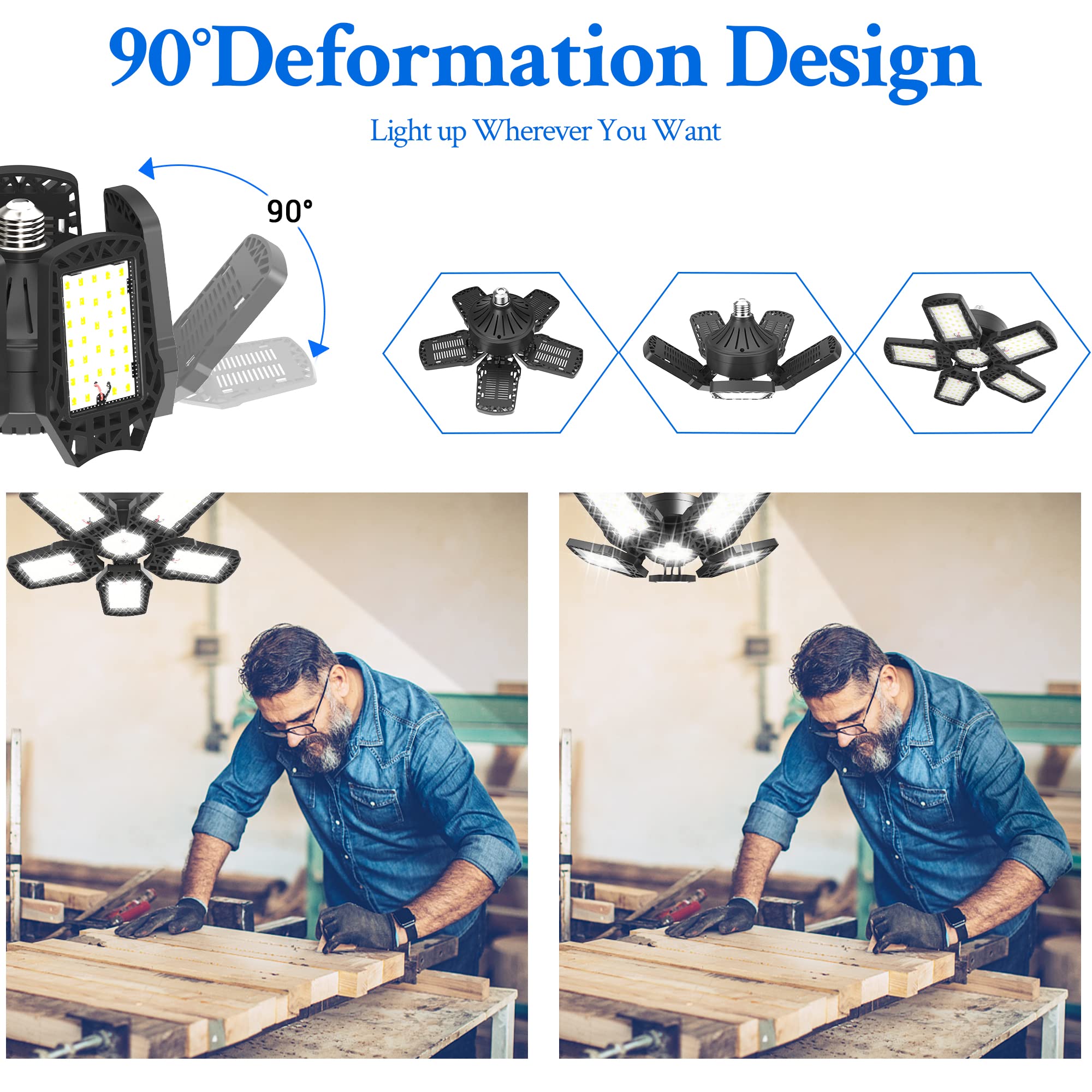 SUNGDOGIN 4 Pack LED Garage Lights, 150W 15000LM 6500k Deformable LED Screw in Garage Ceiling Light with 5+1 Adjustable Panels for Garage, Workshop, Basement, Shop, Warehouse, E26/27