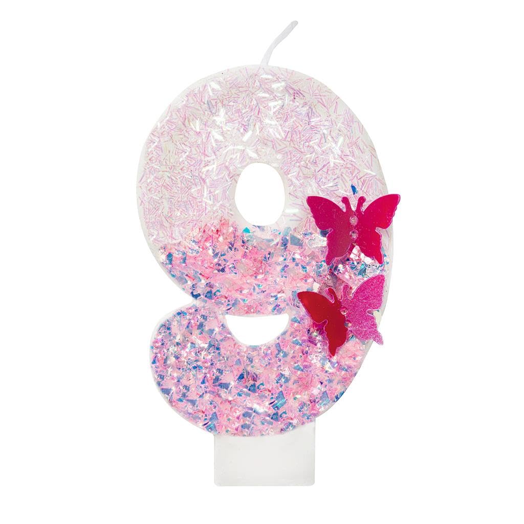 Birthday Candle 9,Rose Butterfly Number 9 Candle for Cake Pink Birthday Candles Number 9 Women Girl Party Supplies