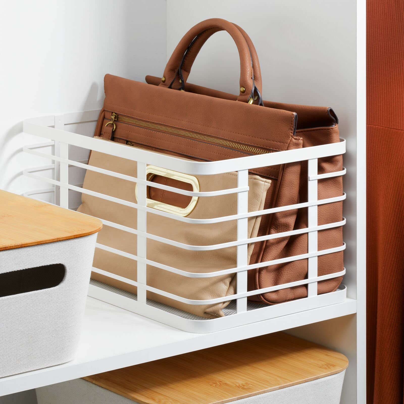 mDesign Metal Steel Wire Storage Basket Bin w/Built-in Handle, Open Top Industrial Design for Closet, Shelf Organization; Organize Clothes, Accessories, Carson Collection - 6 Pack - Matte White