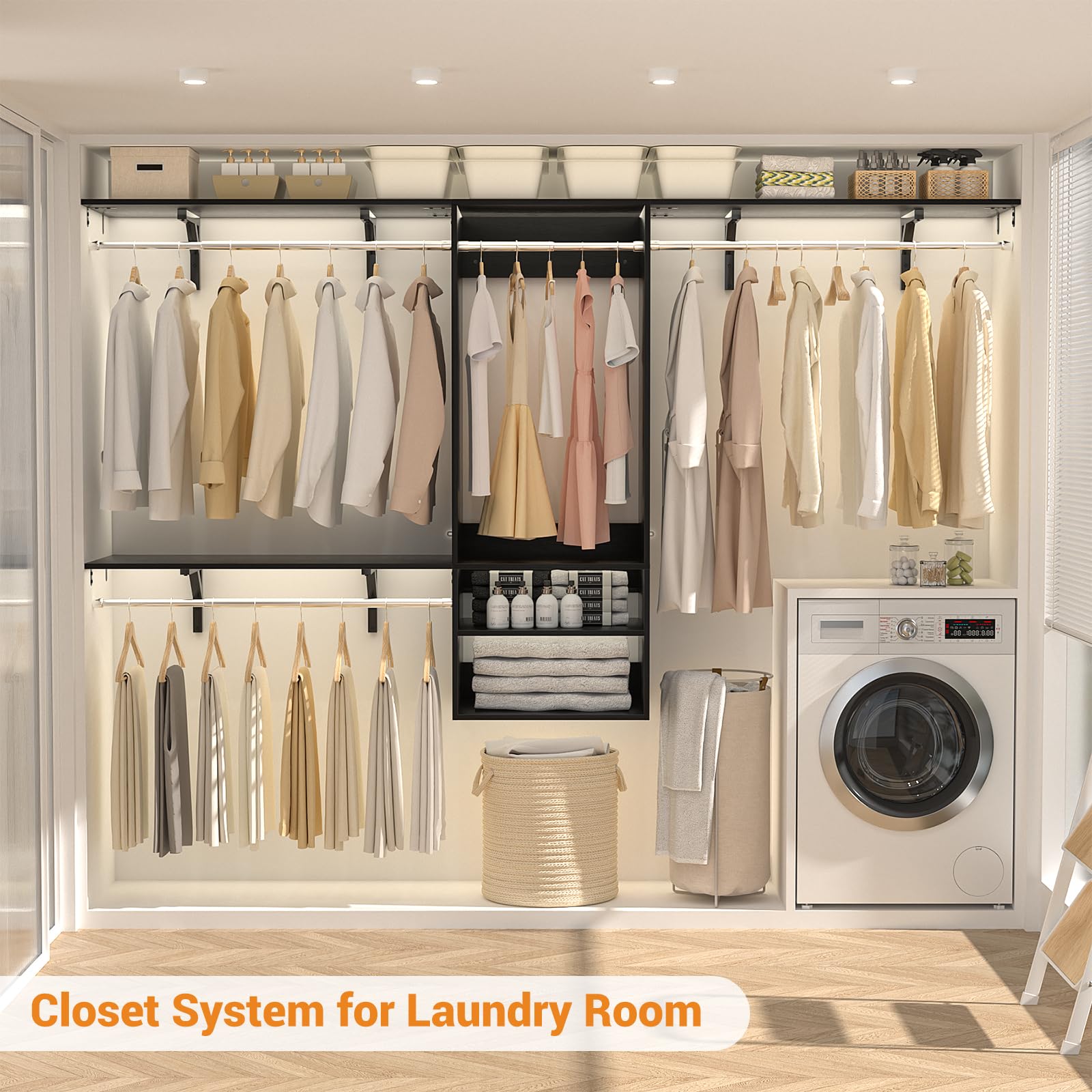 Besiost 96 Inch Hanging Closet System, 8 FT Closet Organizer System with Hanging Rod, Walk In Mounted Closet System, Built-In Clothes Garment Rack with 3 Shelving Towers(Can Be Cut To Fit), White