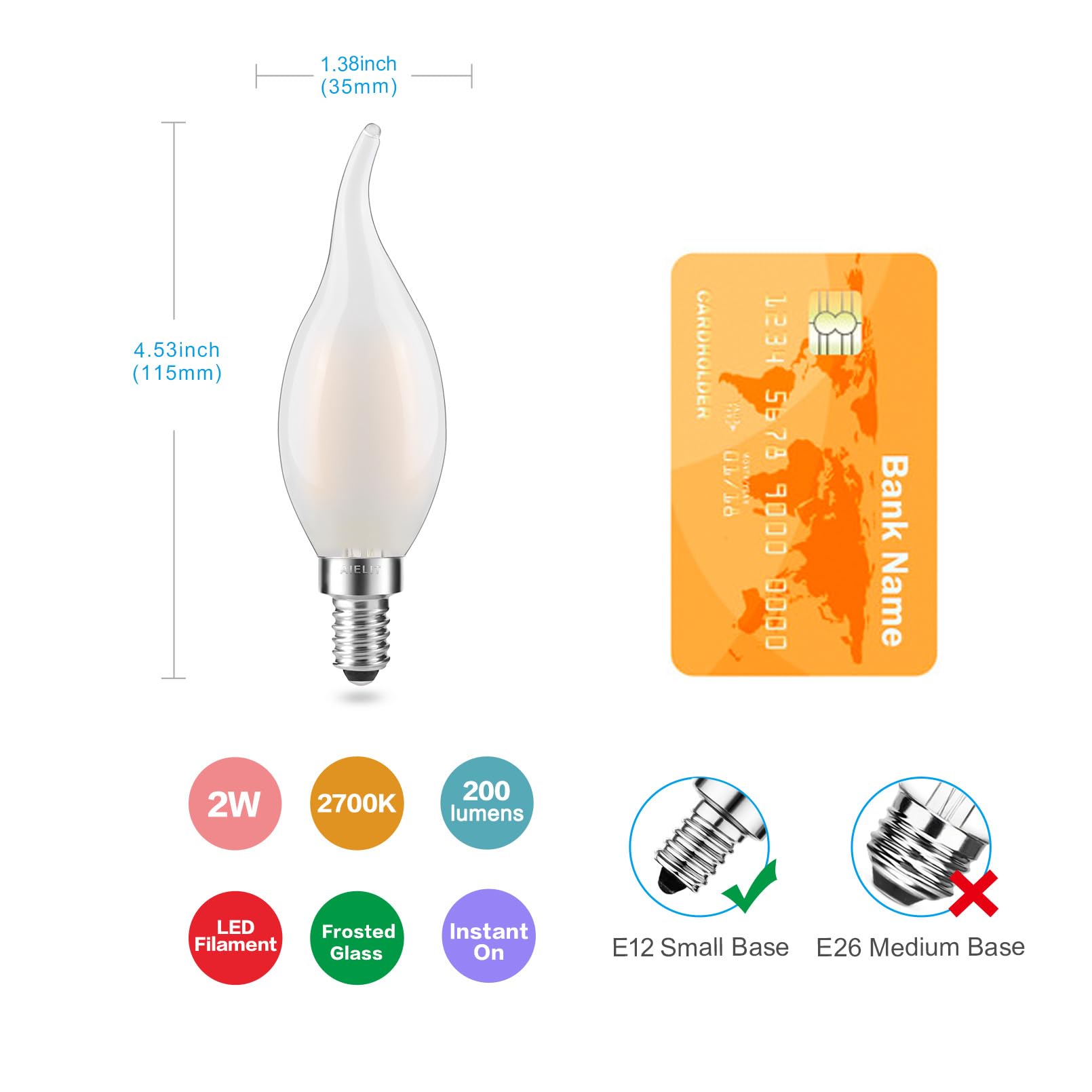 AIELIT E12 LED Bulb 25 watt LED Chandelier Light Bulbs Dimmable, Flame Tip Candelabra LED Bulbs, 2W, 200LM 5000K Daylight White, CA10 Candle Light Bulbs for Ceiling Fan, Pendant, Wall Sconces, 4 Pack