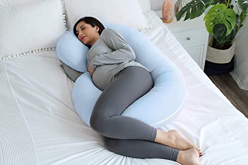 Pharmedoc Pregnancy Pillows, C-Shape Full Body Pillow – Jersey Cover Light Blue – Pregnancy Pillows for Sleeping – Body Pillows for Adults, Maternity Pillow and Pregnancy Must Haves, New Mom Gifts