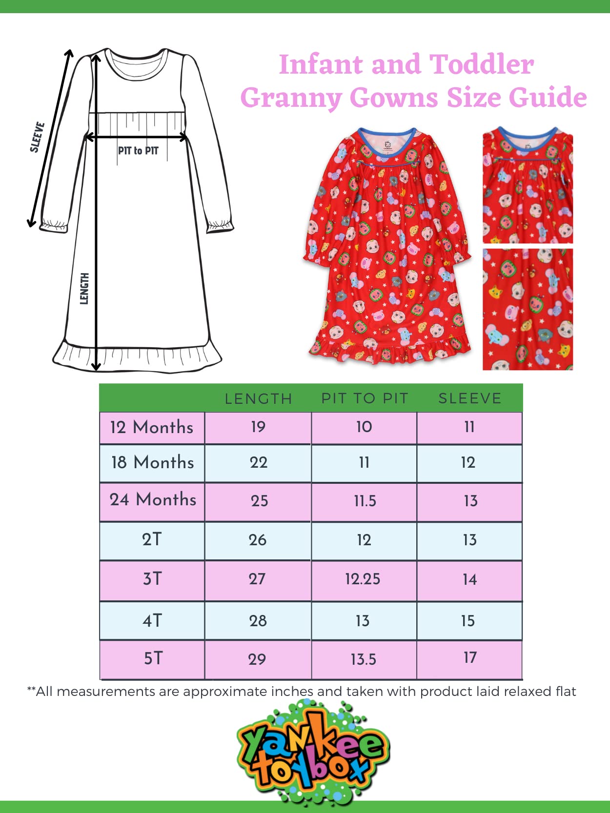 CoComelon Infant and Toddler Girls Flannel Granny Gown Nightgown Pajamas (3T, Red)