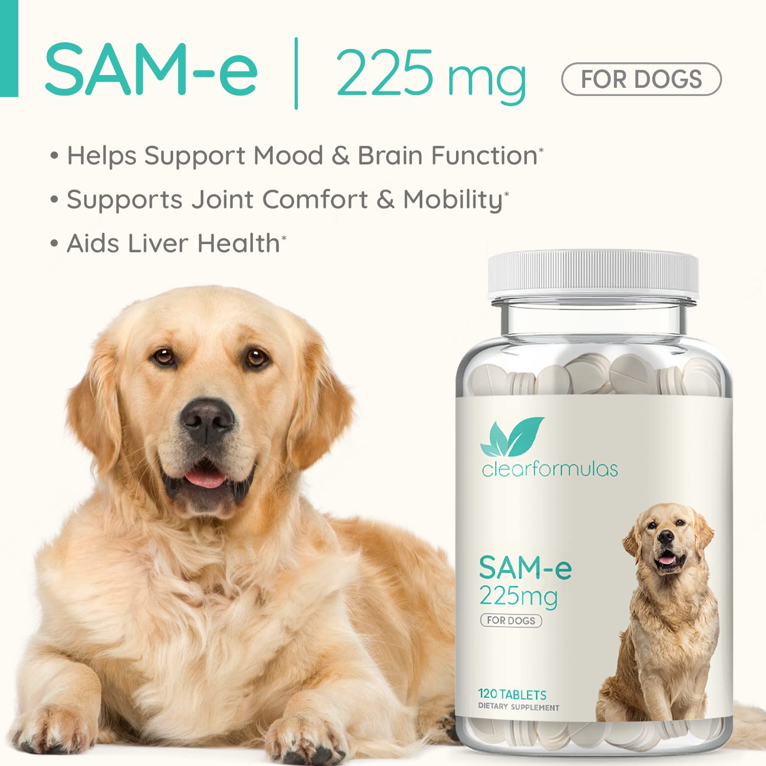 ClearFormulas Sam-e for Dogs, S-Adenosyl-L-Methionine, 225mg 120 Chewable Tablets, Natural Hepatic Liver Health Support