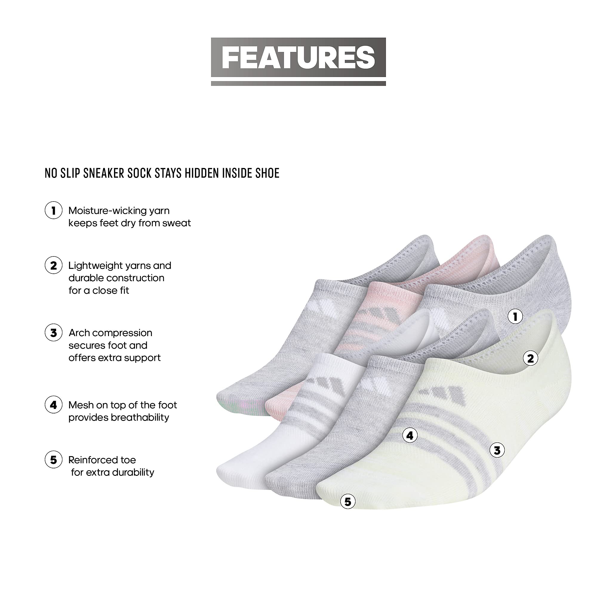 adidas Women's Superlite Super No Show Socks (6-pair), Bliss Lilac Purple/Grey/Clear Sky Blue, Medium