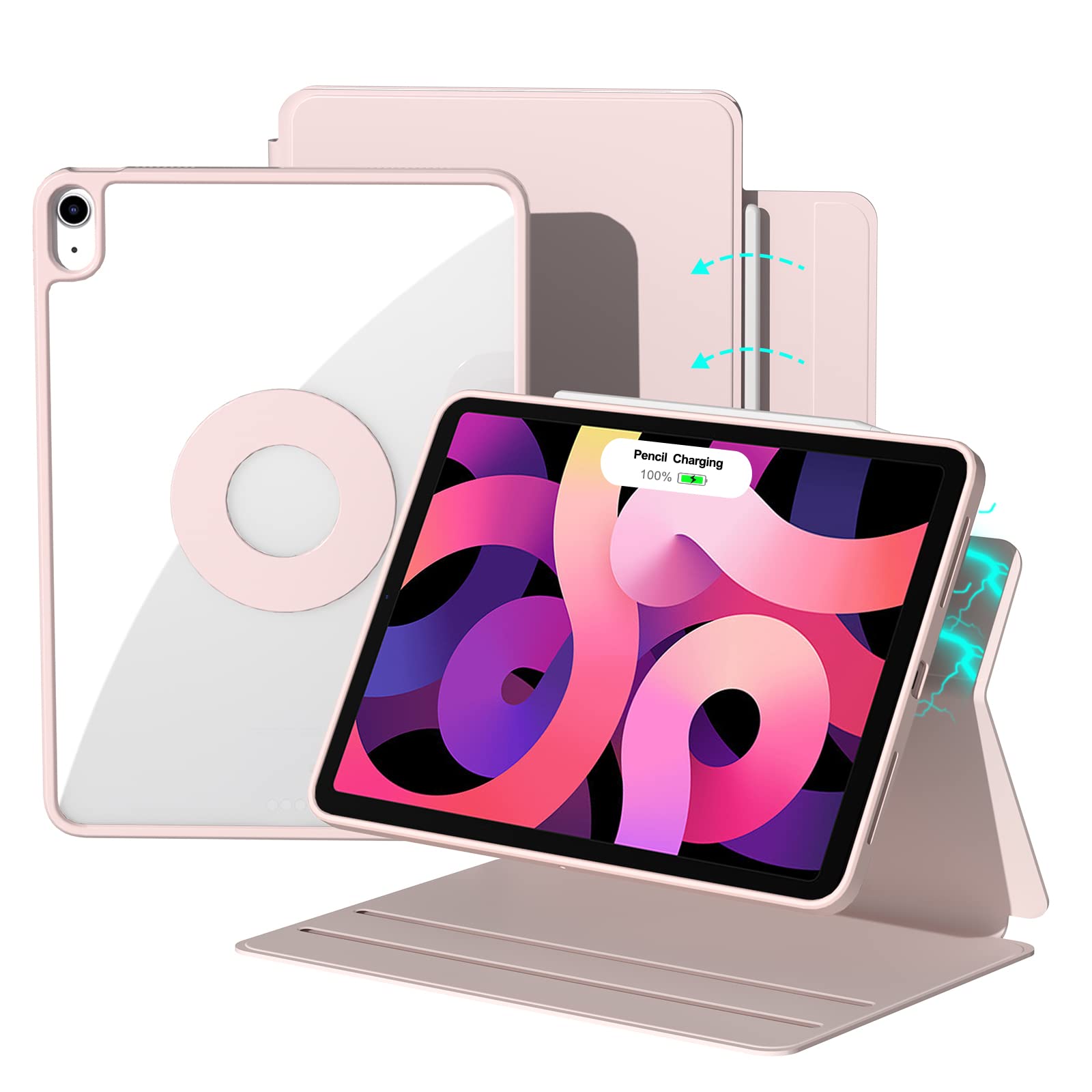 Case for iPad Air 5th/4th Generation 10.9 Inch 2022/2020,360 Rotatable with Powerful Magnet,2 in 1 Detachable Clear Case and Washable Semi-Silicone Protective Cover Smart Folio Support Pen Charger