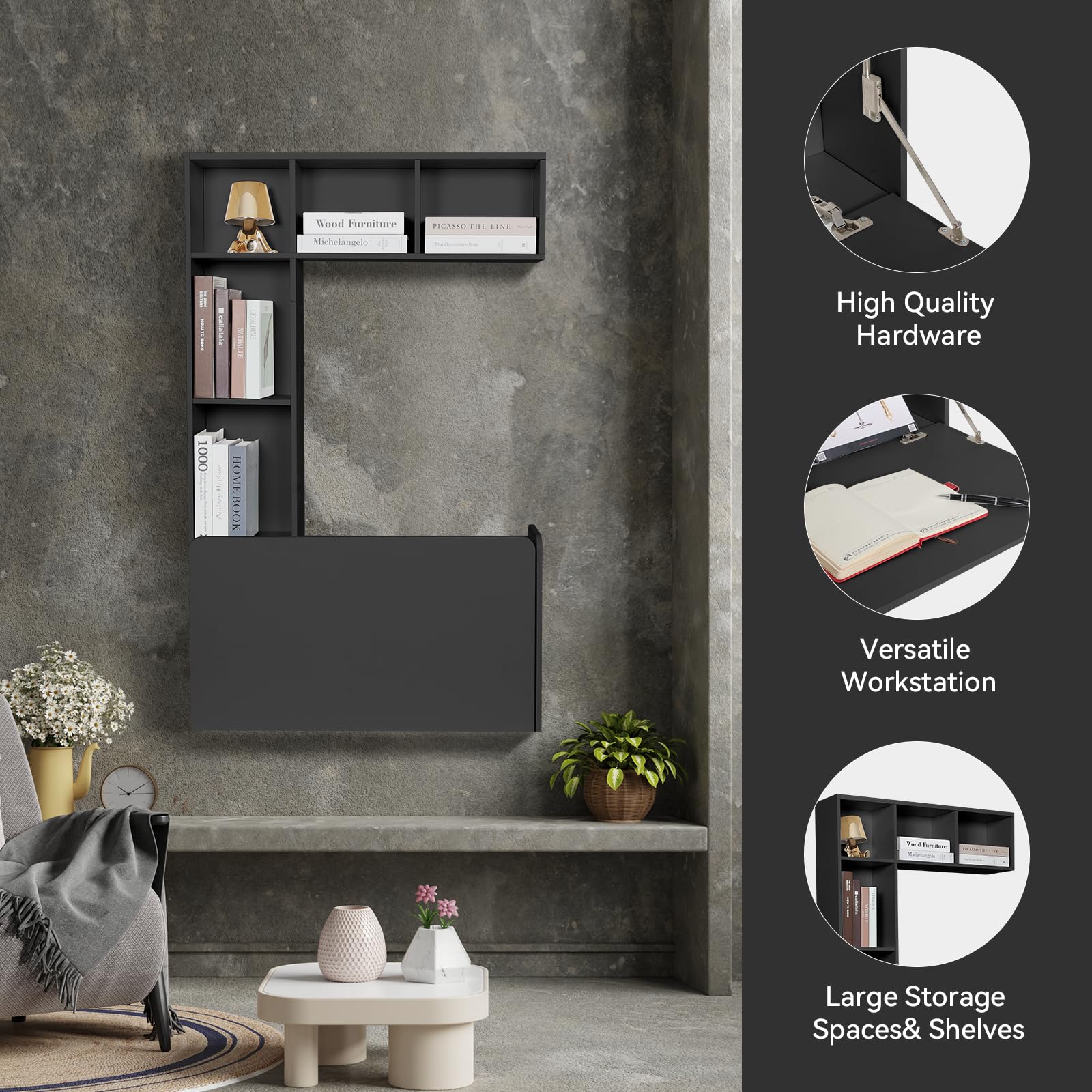 YUSING Floating Desk, Wall Mounted Table, Multifunctional Fold Down Wall Mounted Laptop Computer Workstation with Storage Shelves(Large)