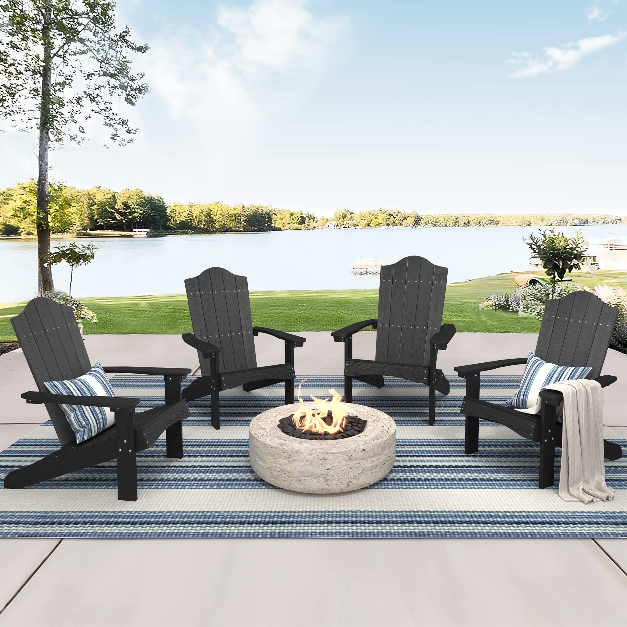 LUE BONA Adirondack Chairs Set of 4, Black Poly Adirondack Chair, Modern Plastic Adirondack Fire Pit Chairs Weather Resistant for Patio, Porch, Deck, Pool, Garden, Backyard