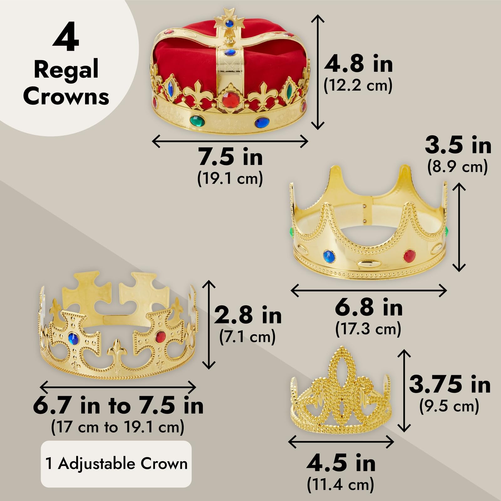 BLUE PANDA 4-Pieces King and Queen Crowns Set for Kids - Gold Crowns and Tiara for Royal Theme Birthday Party Costume Accessories and Photo Booth Props