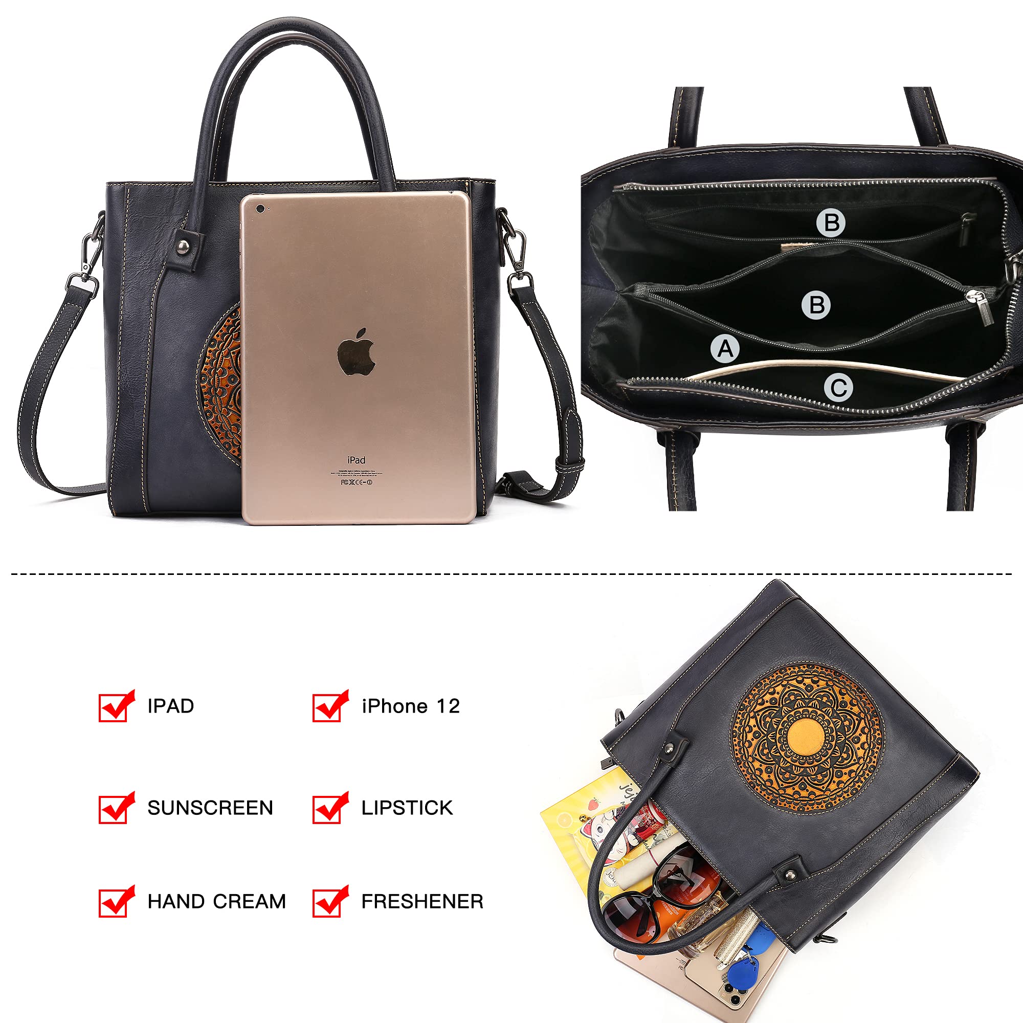 Genuine Leather Handbag for Women,Retro Embossing Mandala Design Purse Organizer Vintage Handmade Crossbody (3299 brown) 11 * 5.1 * 10.2 inches
