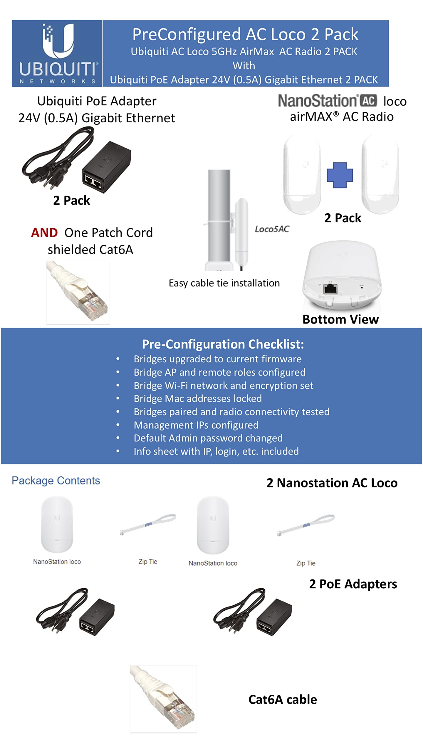 UBNT Networks NanoStation AC Loco Loco5AC-US 2 Pack Pre-Configured Loco5ac 5GHz 802.11ac airMAX Radio 450Mbps Wireless Bridge (2-Pack) with PoE POE-24-7W-G Included Ready to Install, White