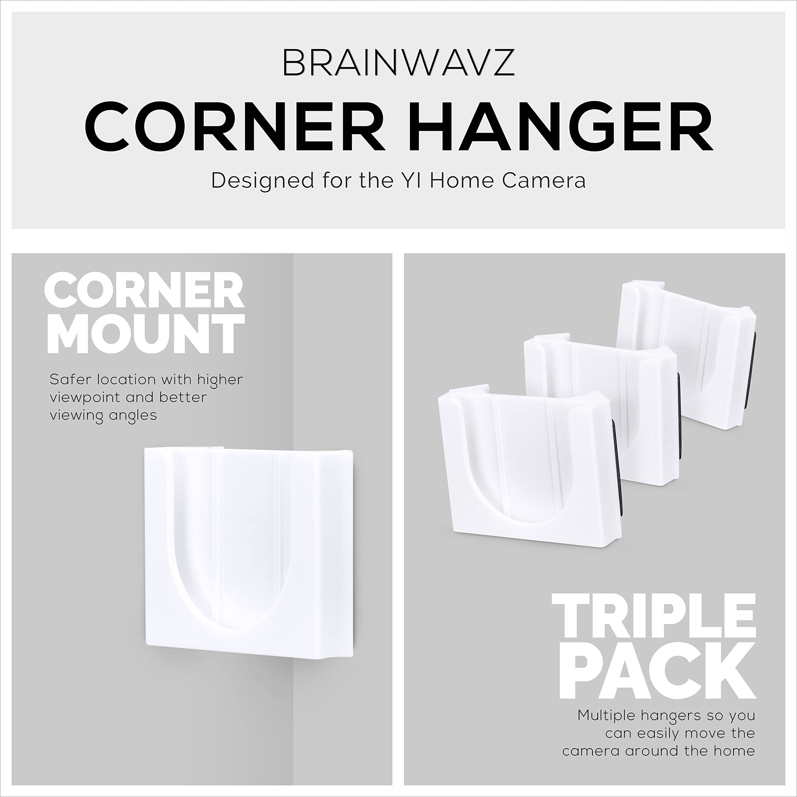 Corner Wall Mount for YI Home (3 Pack) Security Camera - Adhesive Holder, No Hassle Bracket, Strong 3M VHB Tape, No Screws, No Mess Install (White) by Brainwavz