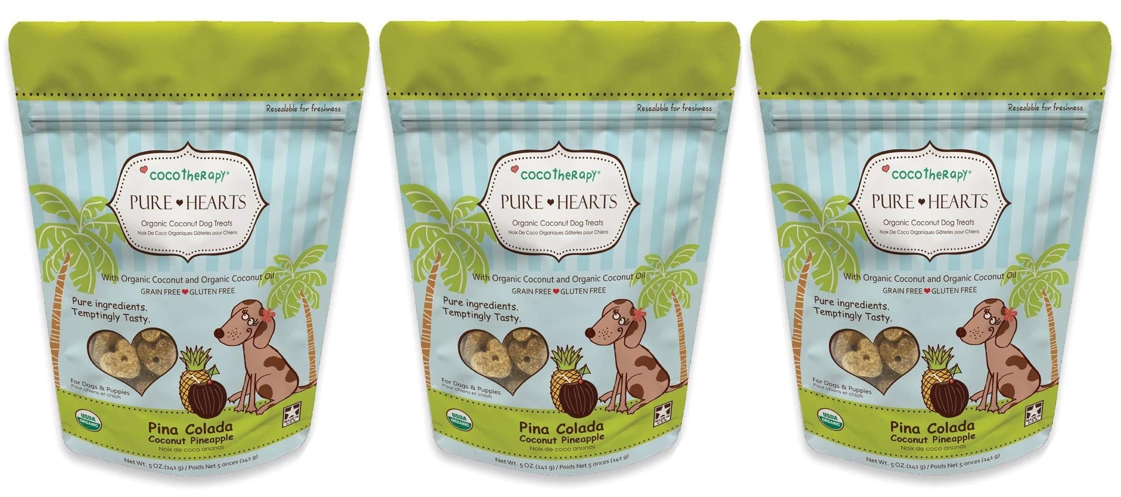 CocoTherapy 3 Pack of Pina Colada Pure Hearts Coconut Cookies, 5 Ounces Each, Organic Dog Treats Made in The USA
