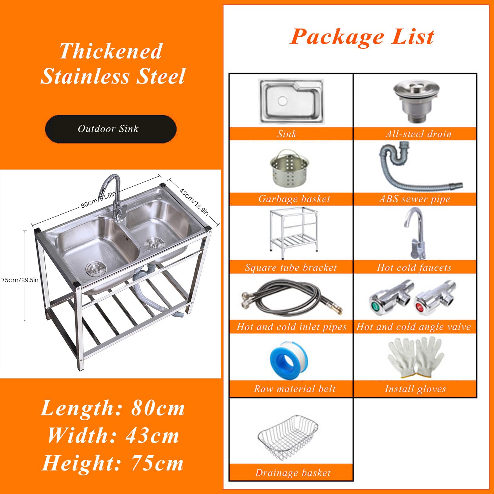 ADASTE Camping Sink 2 Compartment Free Standing Utility Sink Commercial Sink Double Bowl, for Restaurant, Kitchen, Hotel, Bar, Garage, Outdoor