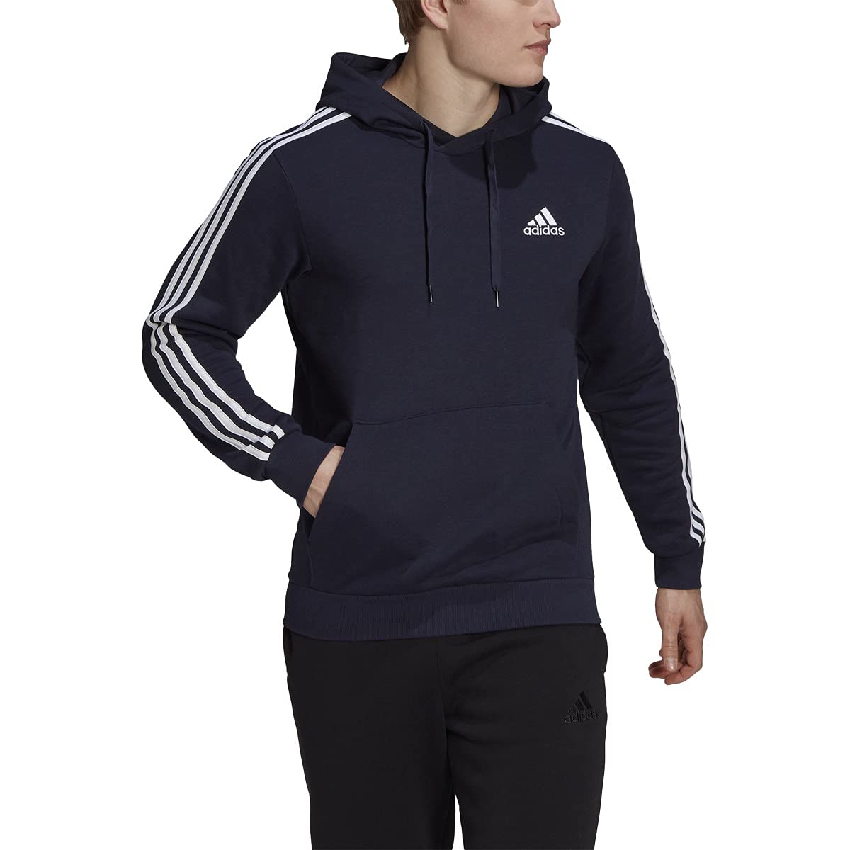 adidas Men's Standard Essentials Fleece 3-Stripes Hoodie, Legend Ink/White, Medium