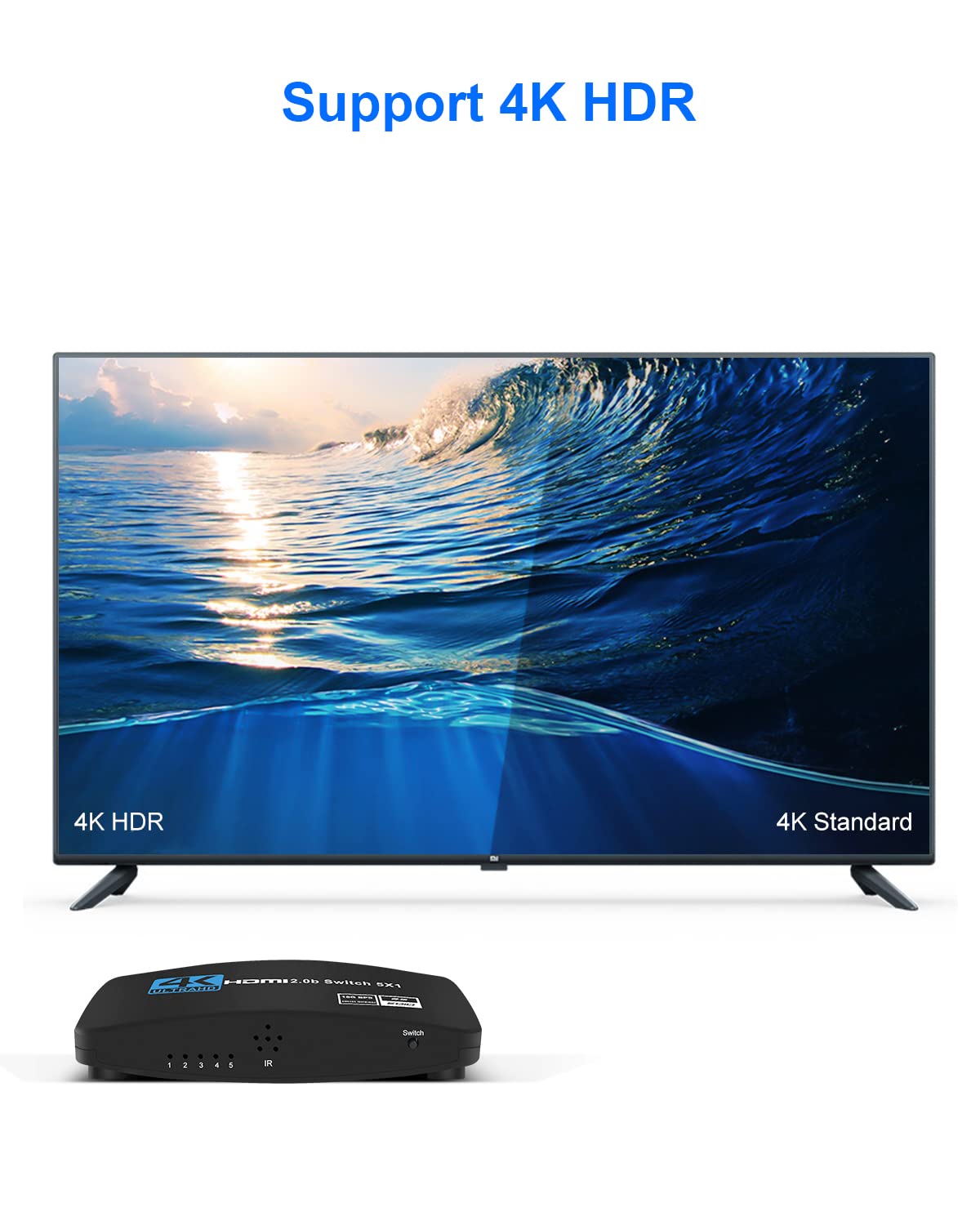 HDMI Switch 4K 60hz, 5 Port HDMI Switcher with Remote, Koopman HDMI Splitter 5 in 1 out Supports HDMI 2.0 HDCP 2.2 HDR10 3D, HDMI Selector Hub Compatible with FireStick, Roku, PS4, Xbox, Apple TV