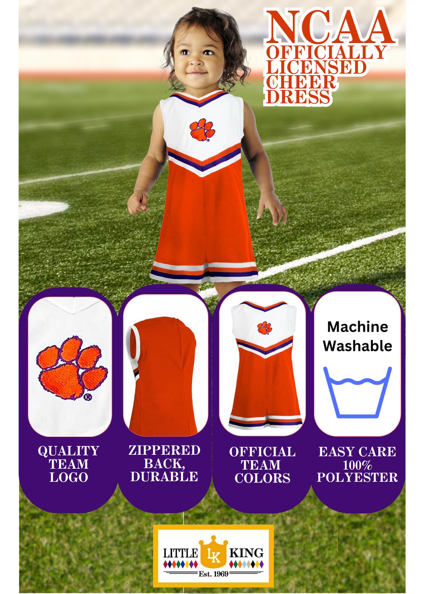 Little King NCAA Toddler/Youth Girls Team Cheer Jumper Dress-Clemson-Y6